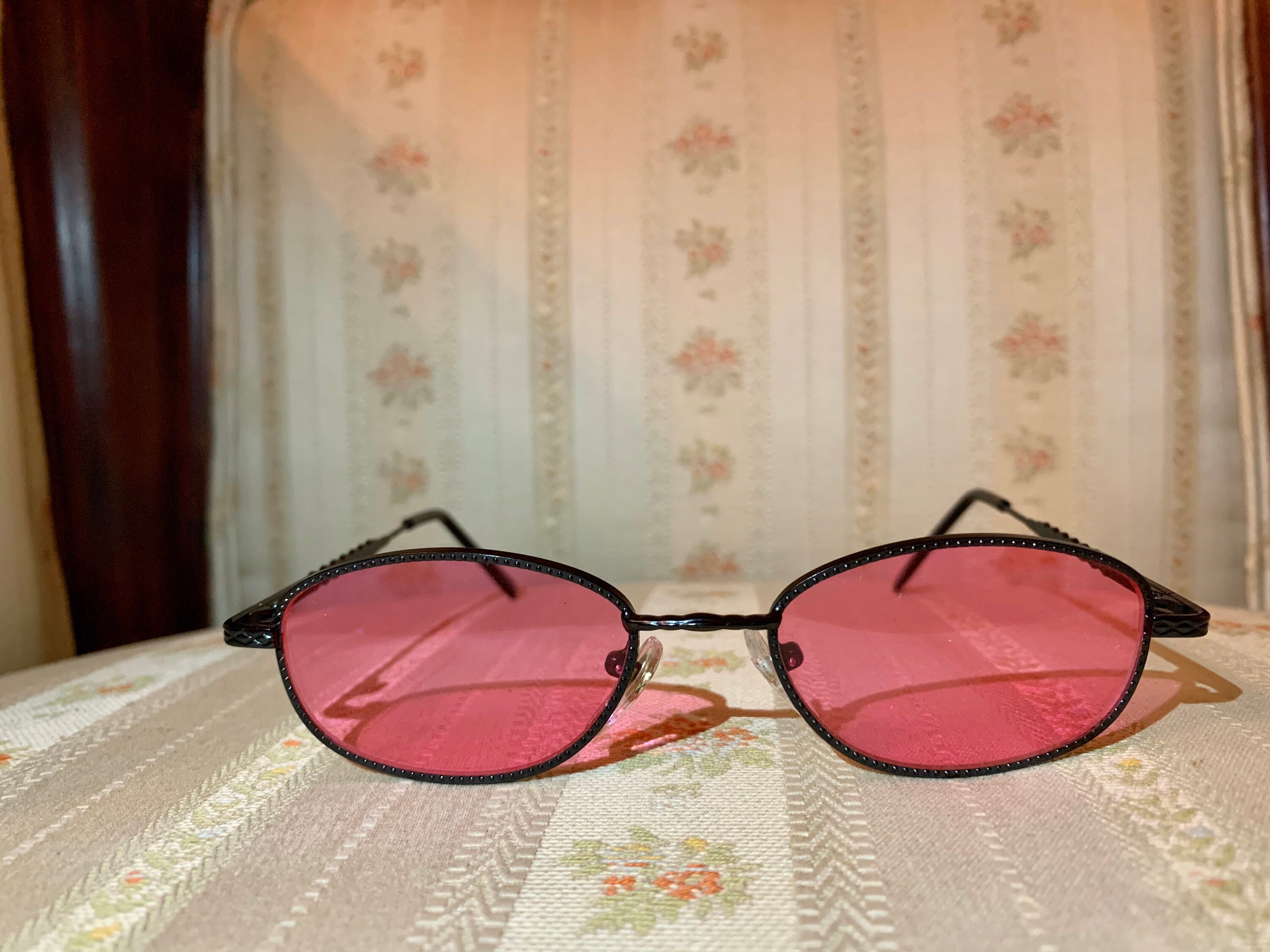 Vintage 90s Black Braided Frame Rose Colored Sunglasses