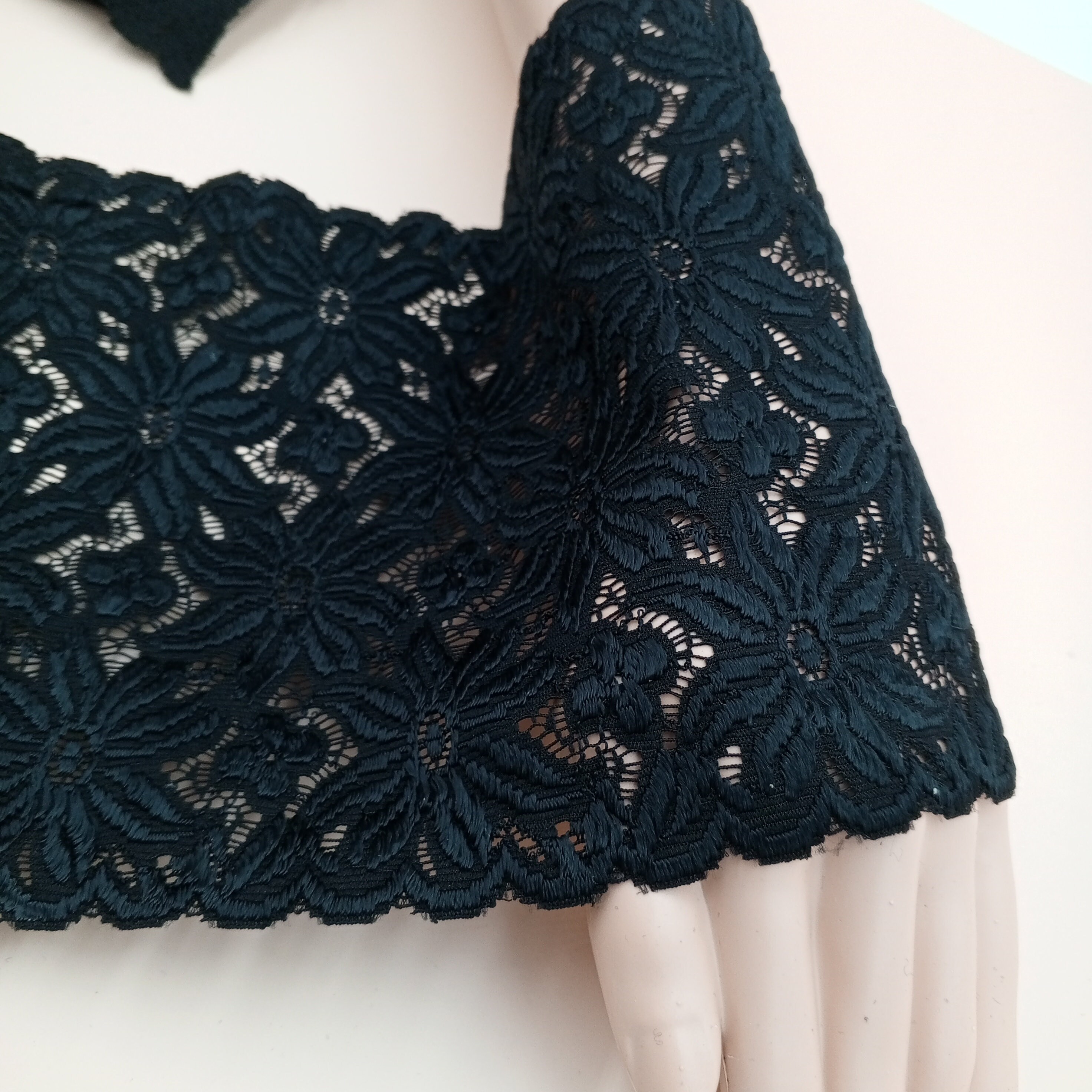 6-1/2" Quality Thick Black Stretch Lace Floral Embroidery Vintage Lace ...