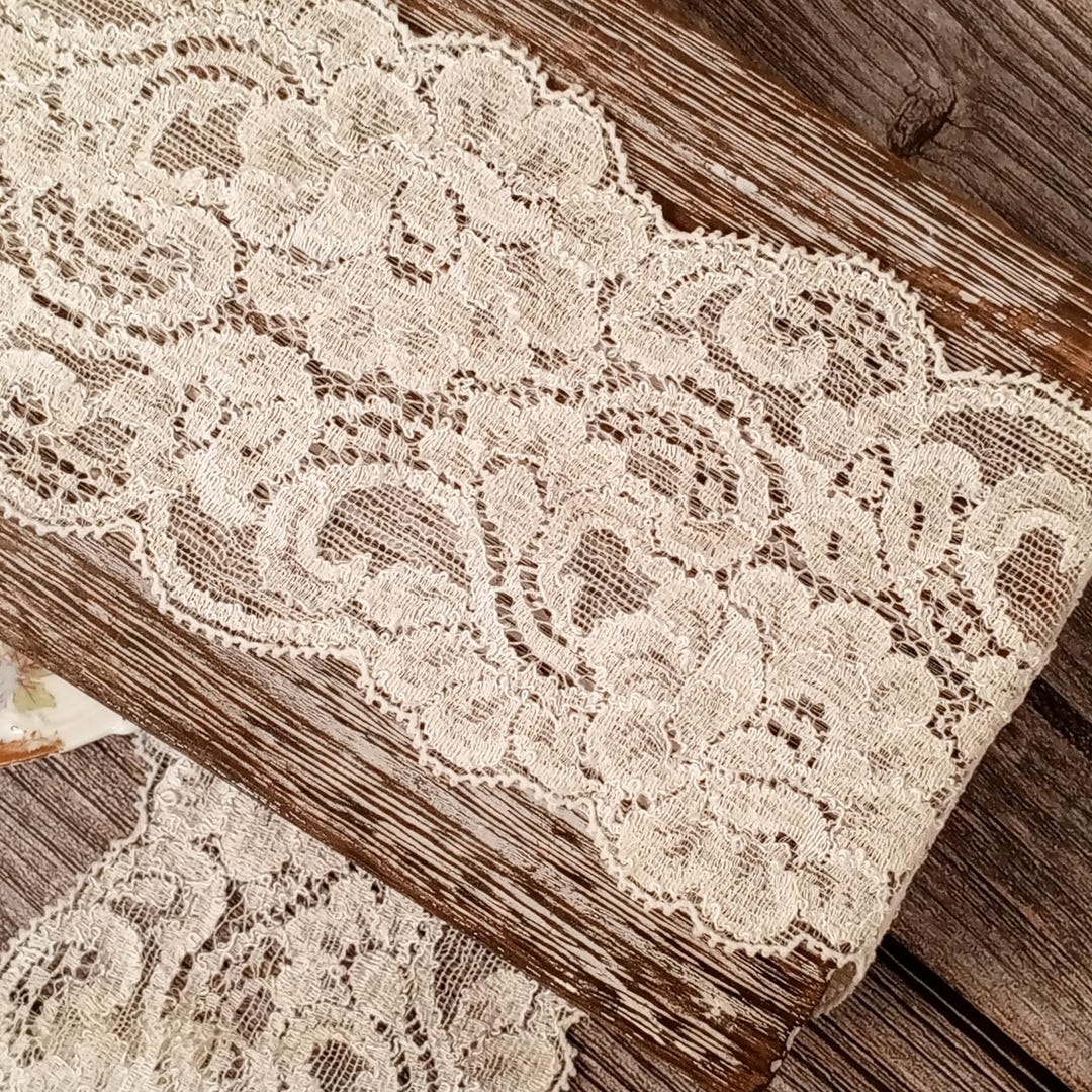 VINTAGE IVORY Stretch Galloon Lace Trim 3.5" Wide Floral Scalloped ...