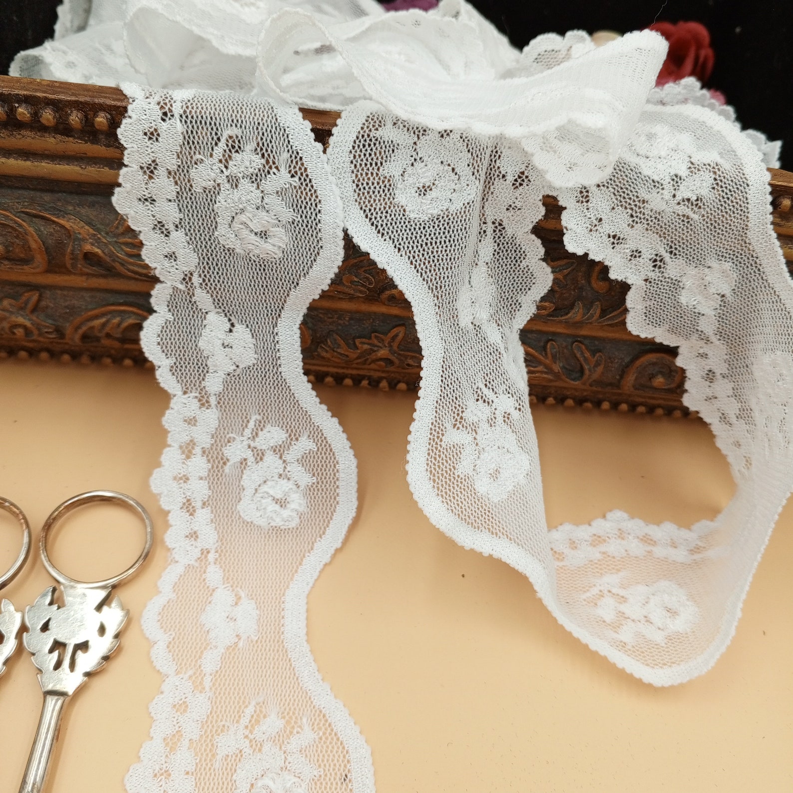 Pure White Sheer Stretch Lace 1-7/8" Wide Floral Embroidery Vintage ...