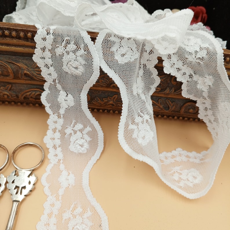 Pure White Sheer Stretch Lace 1-7/8" Wide Floral Embroidery Vintage ...