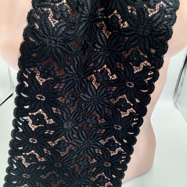 6-1/2" Quality Thick Black Stretch Lace Floral Embroidery Vintage Lace ...