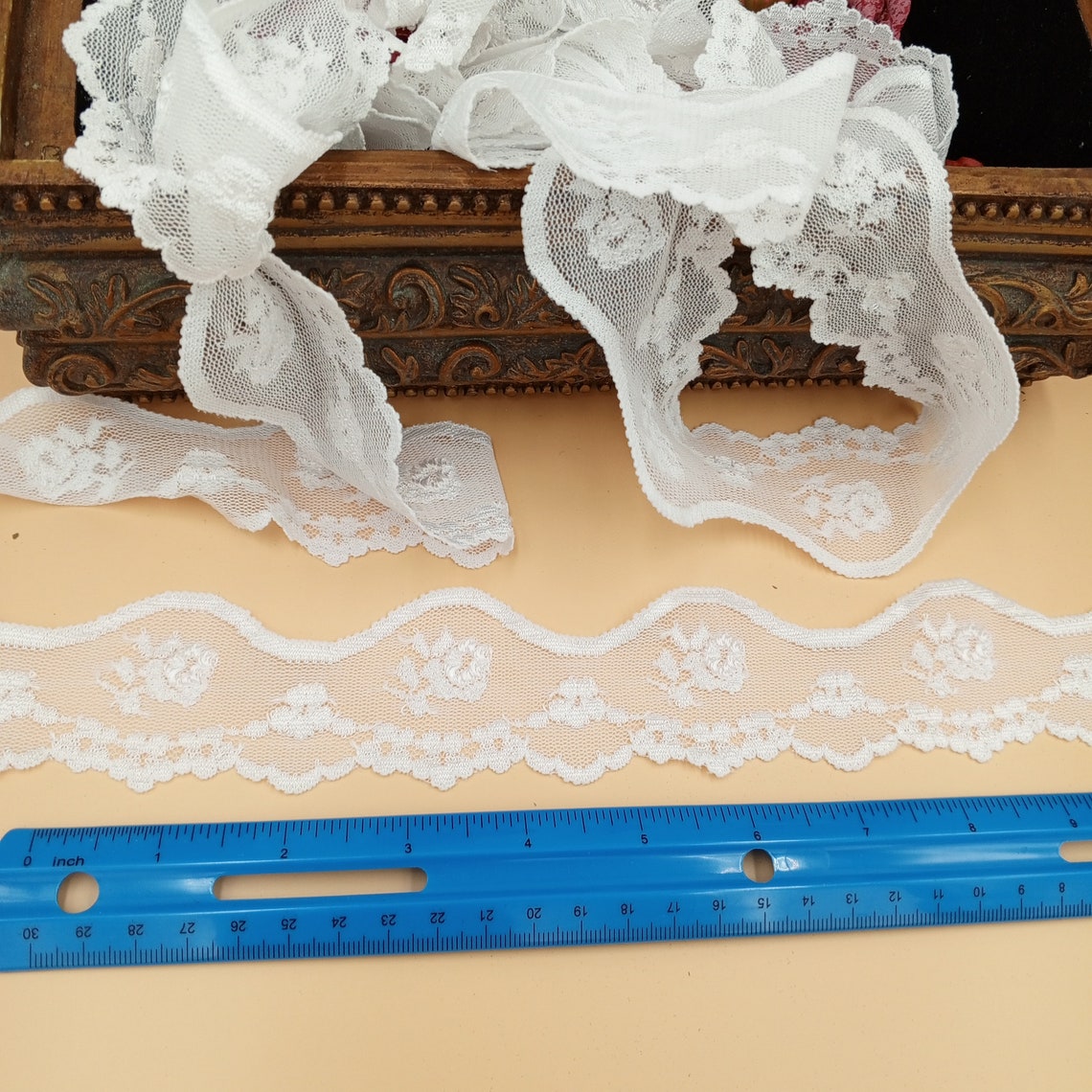 Pure White Sheer Stretch Lace 1-7/8" Wide Floral Embroidery Vintage ...