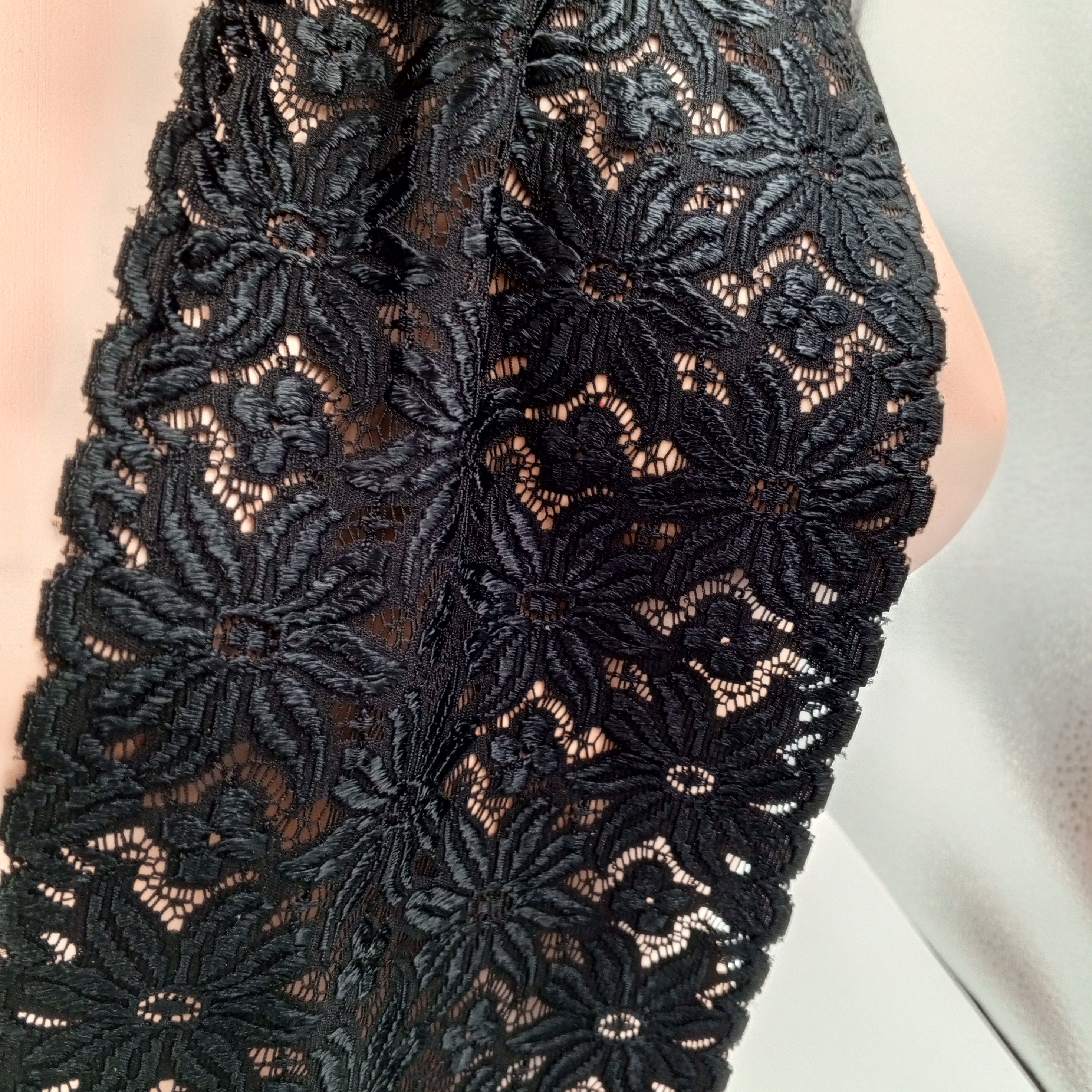 6-1/2" Quality Thick Black Stretch Lace Floral Embroidery Vintage Lace ...