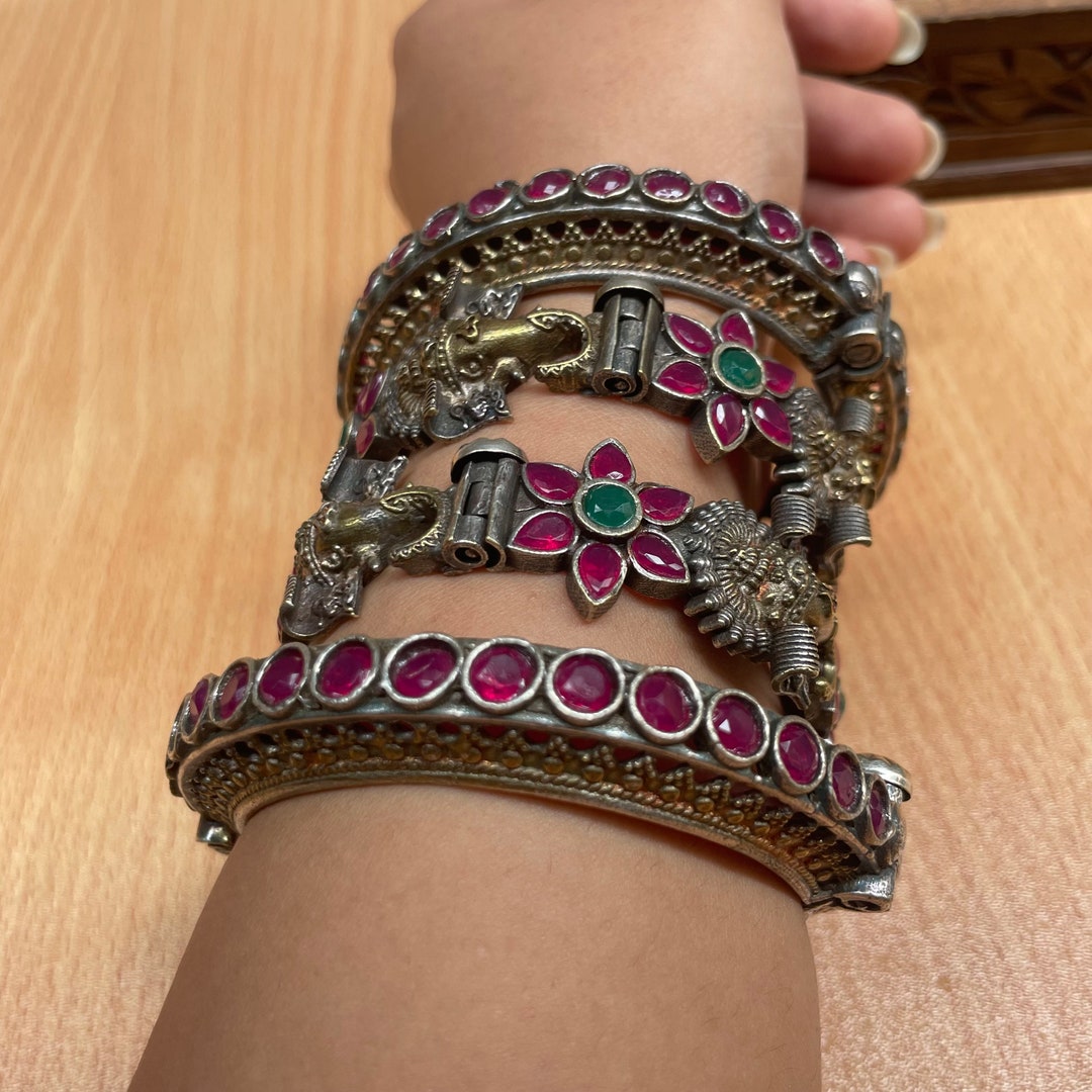 RESTOCK Traditional Silver Oxidized Stone Studded Bangle Kada Set ...