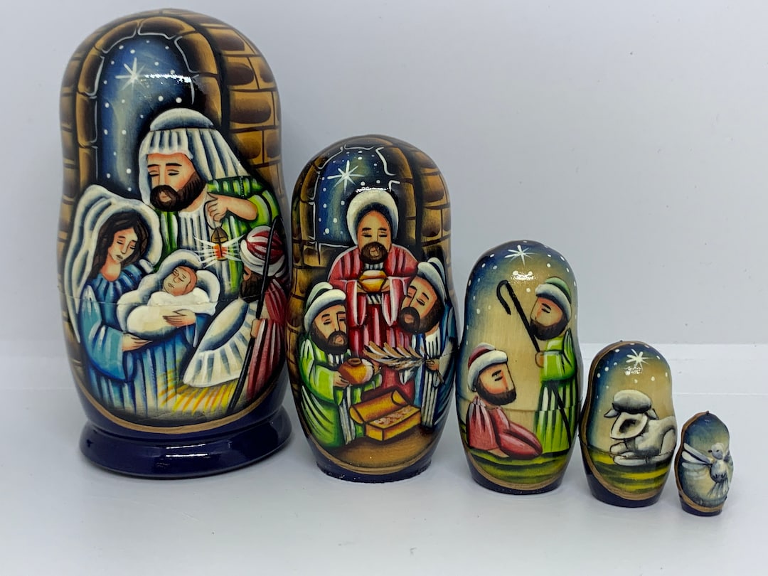 MADE IN UKRAINE ! Nativity Nesting Doll 5" 5pcs Wooden Christmas ...