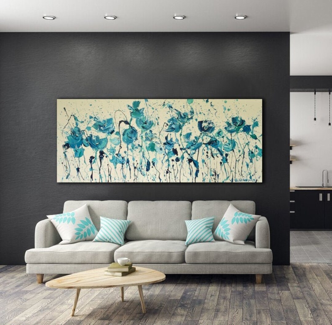 Extra Long Narrow Wall Art Navy Turquoise White Impasto Narrow ...