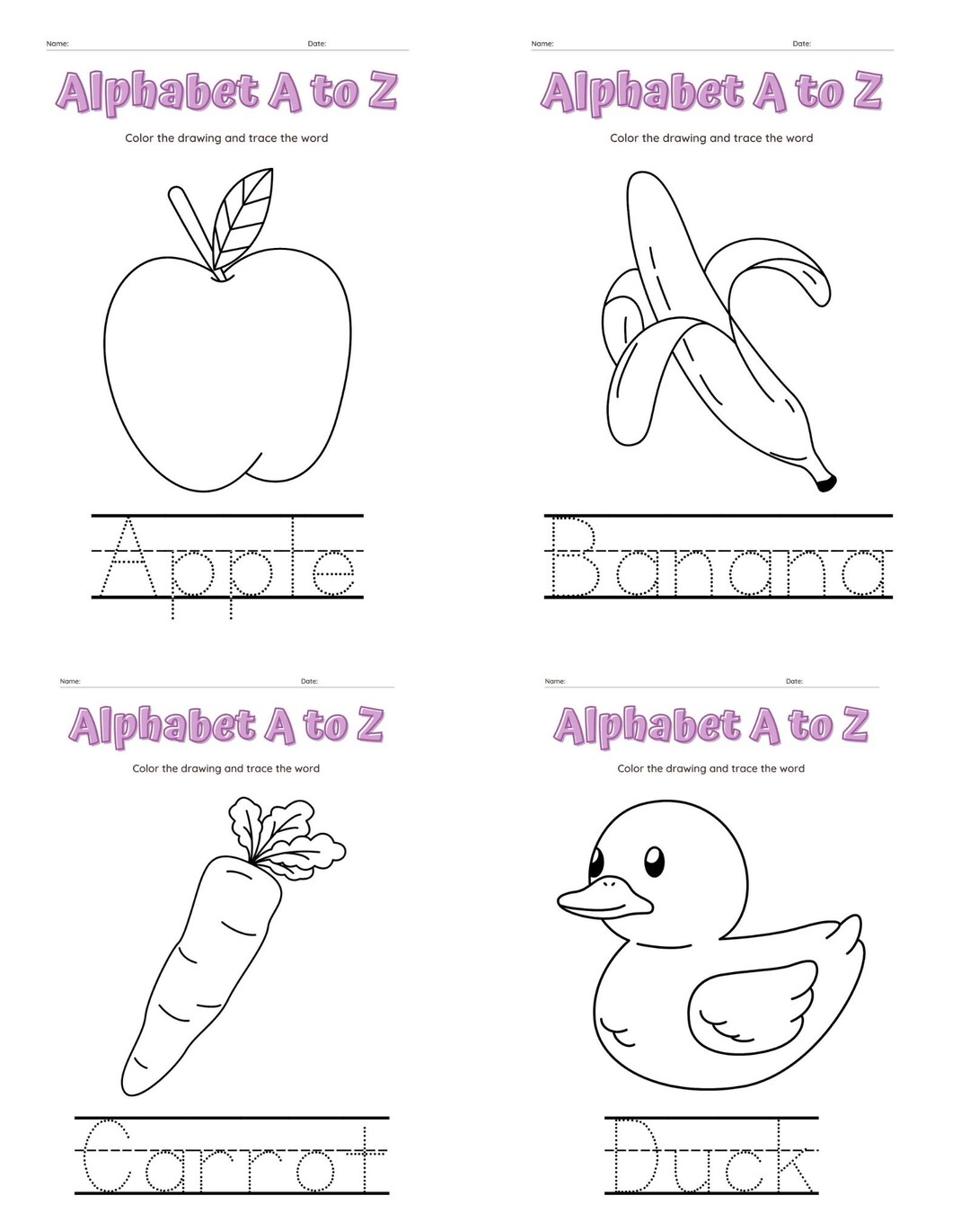 Alphabet A to Z Coloring and Tracing Printable Worksheet Set - Etsy