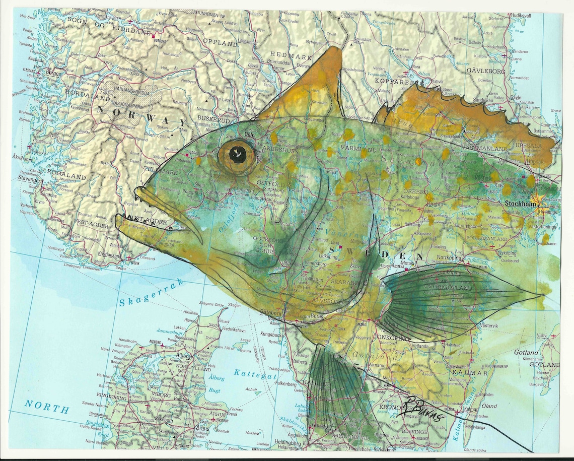 Original Art Watercolor Fish Painting on Map Framed One-of-a-kind - Etsy