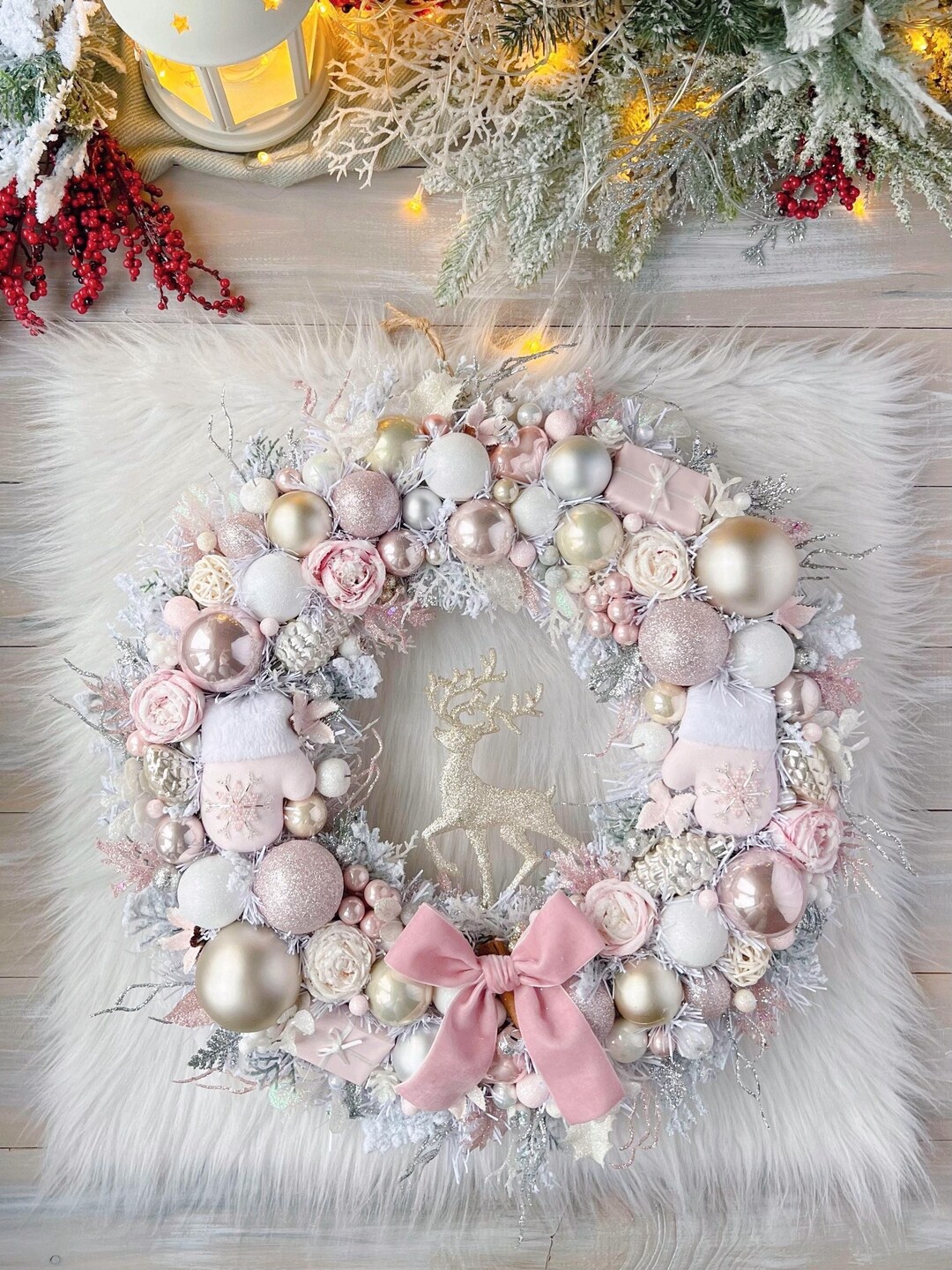 Luxury Christmas Wreath 16 Pink Christmas Wreath Gold Pink Winter Decor ...