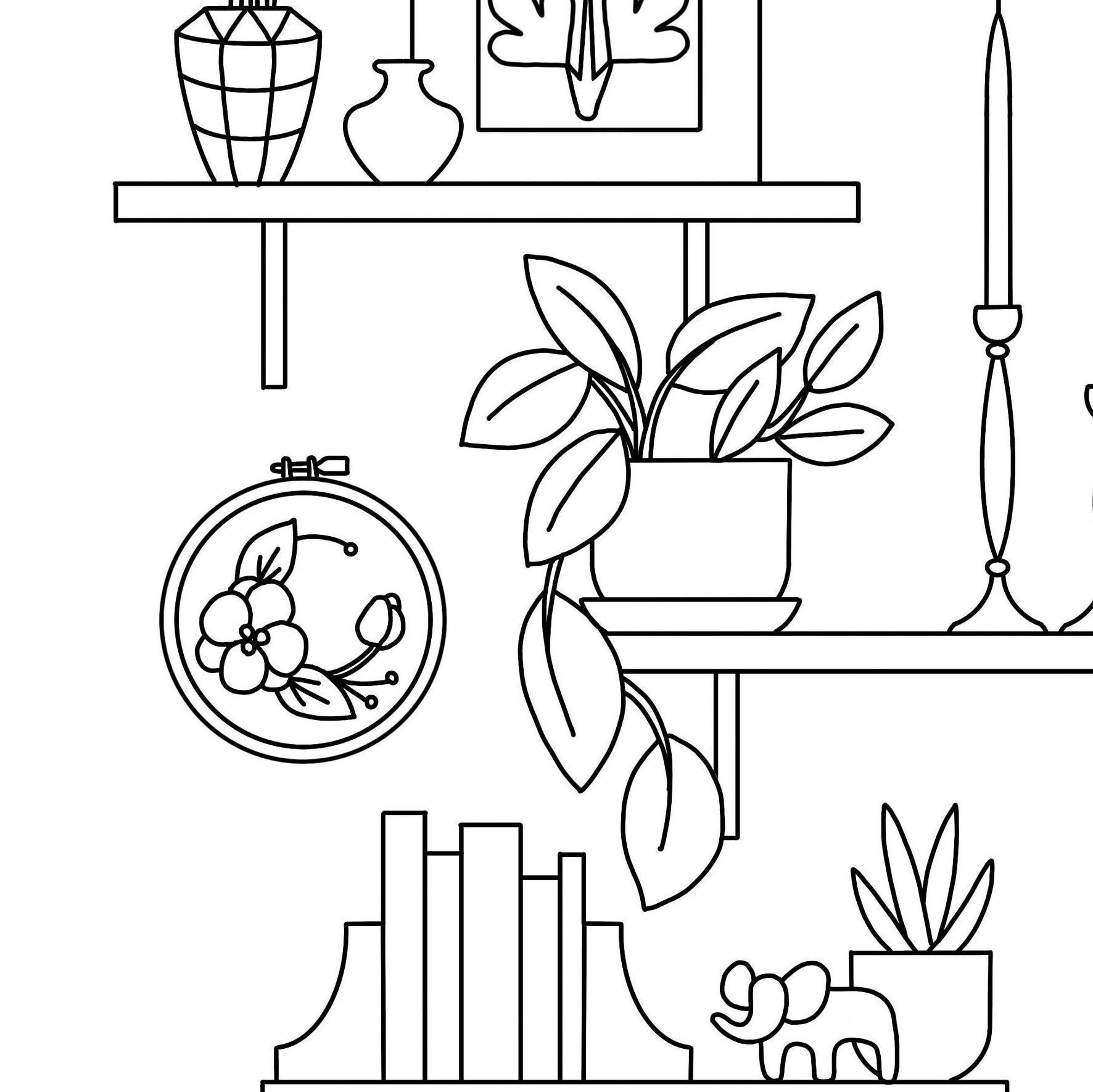 Wall Shelves Coloring Page Printable Botanical Coloring | Etsy