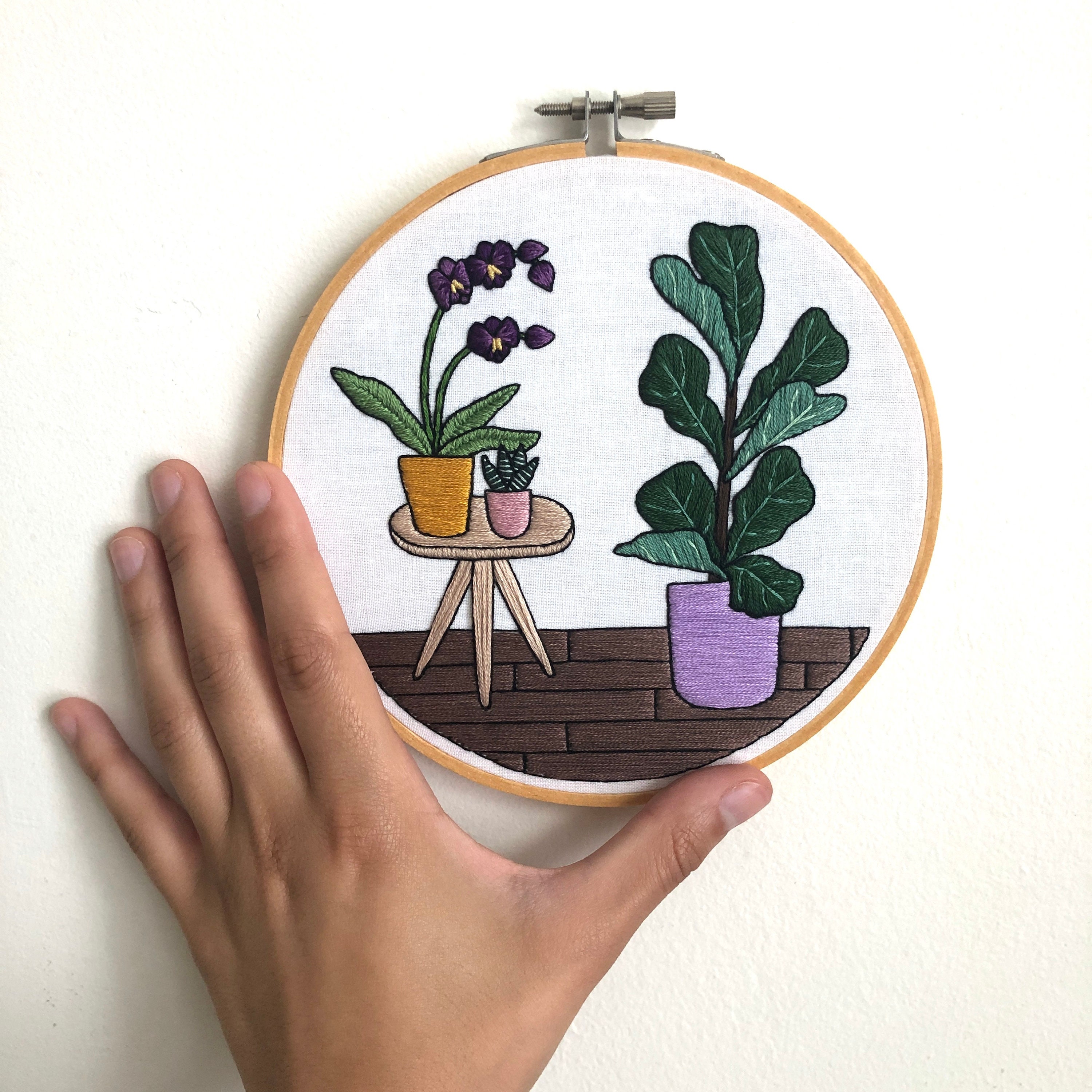 Fiddle Leaf Fig & Orchid Embroidery Hoop Handmade Floral | Etsy