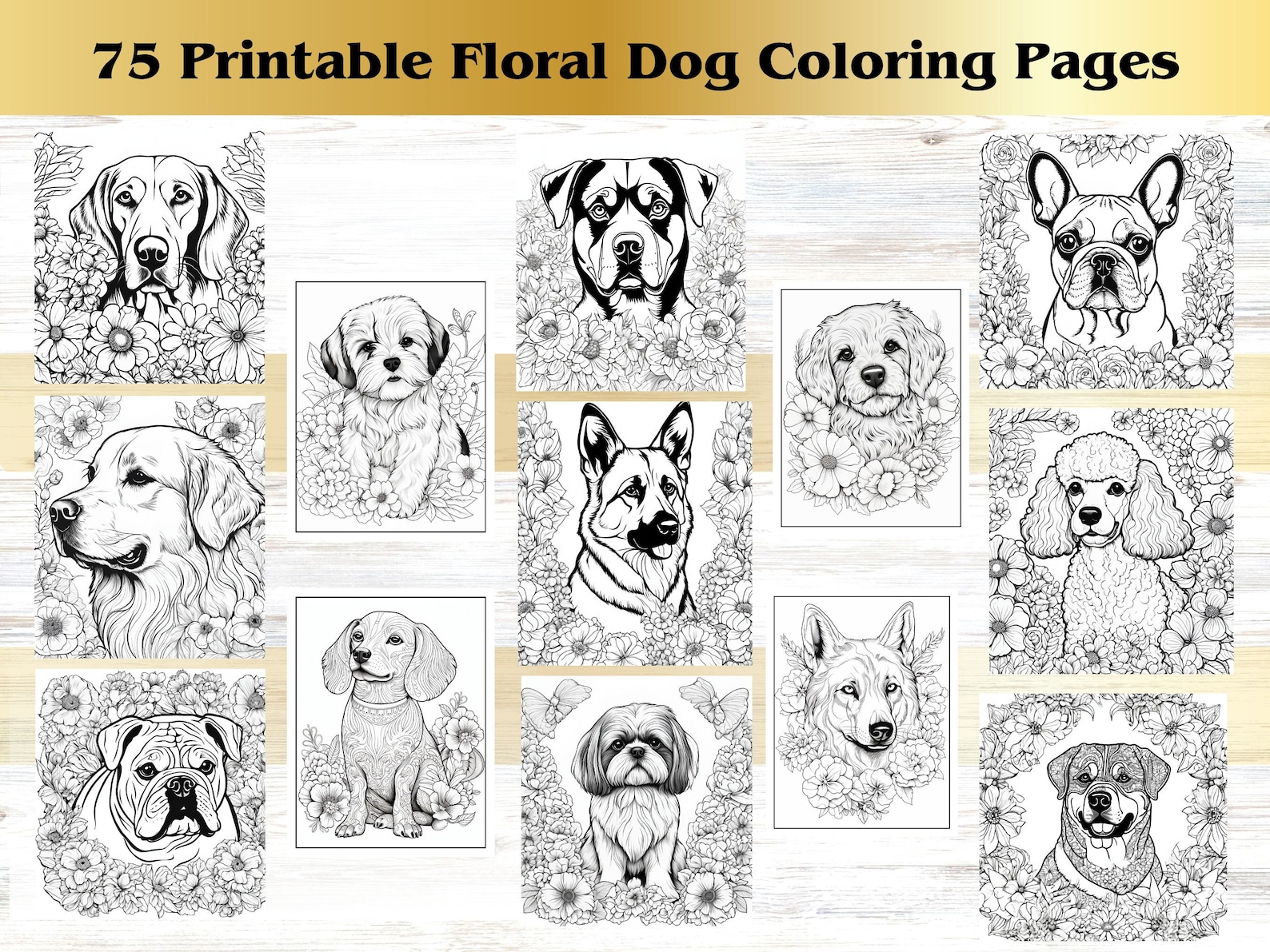 Floral Dog Coloring Pages: 75 Printable Designs for Relaxation (digital ...