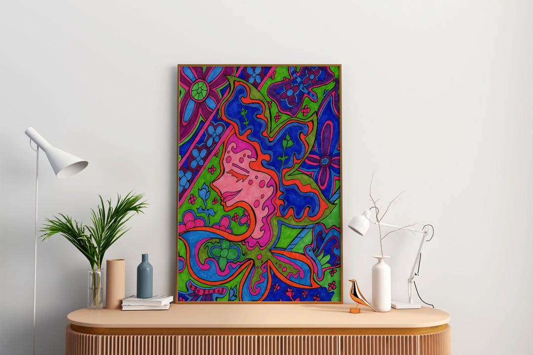 Large Abstract Retro Style Face Artwork | Colorful Drawing | Vintage ...