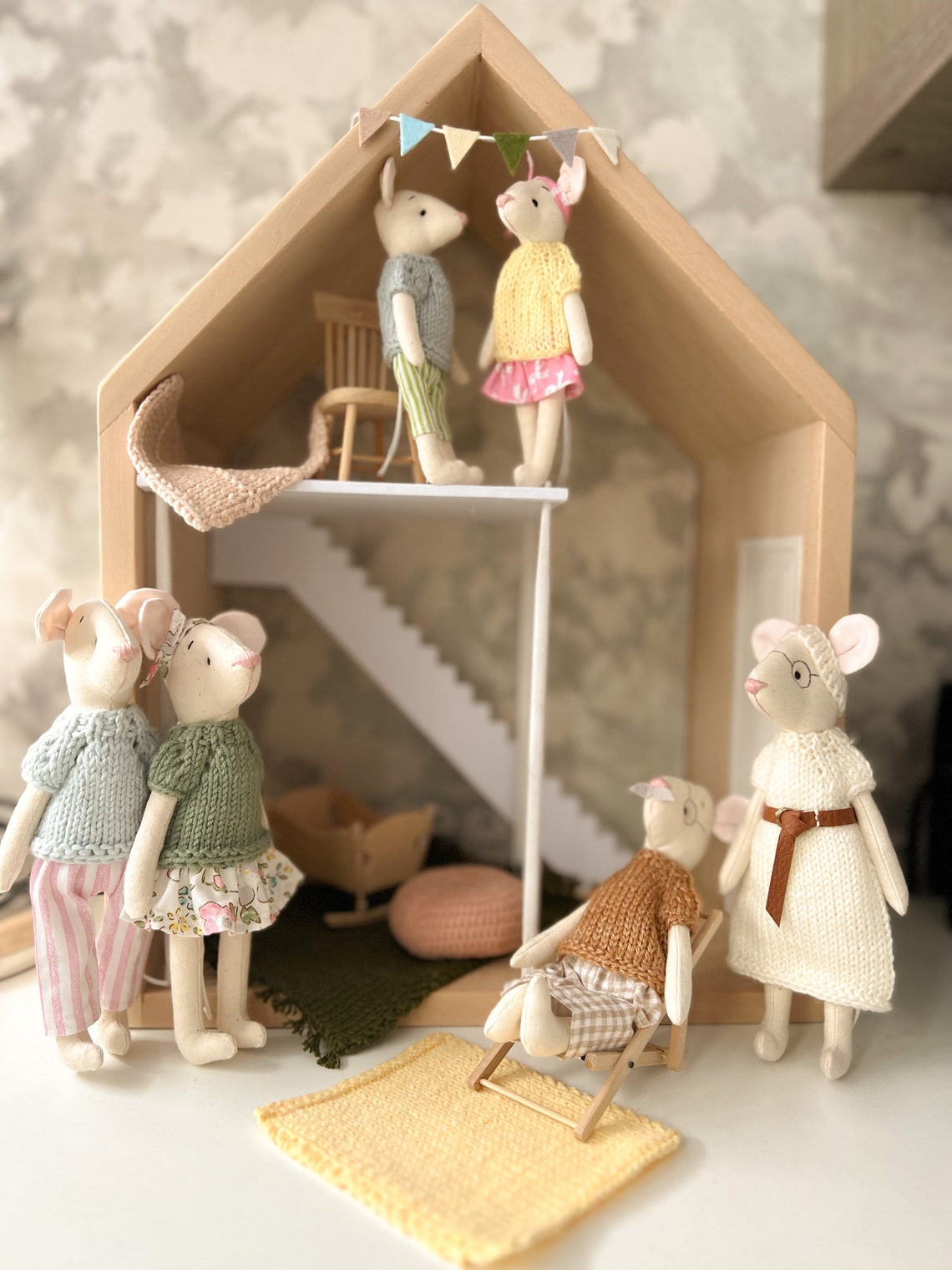 Mouse Family Doll House Toys Puppets GRANDPARENTS Handsewn Miniature ...