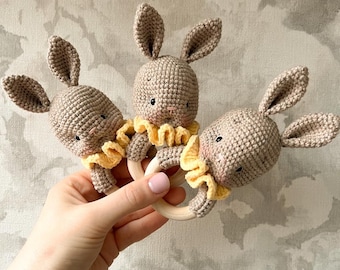 Bunny Rattle With Flowers Eco Wood Ring Theether - Etsy