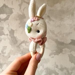 Bunny Rattle With Flowers Eco Wood Ring Theether - Etsy