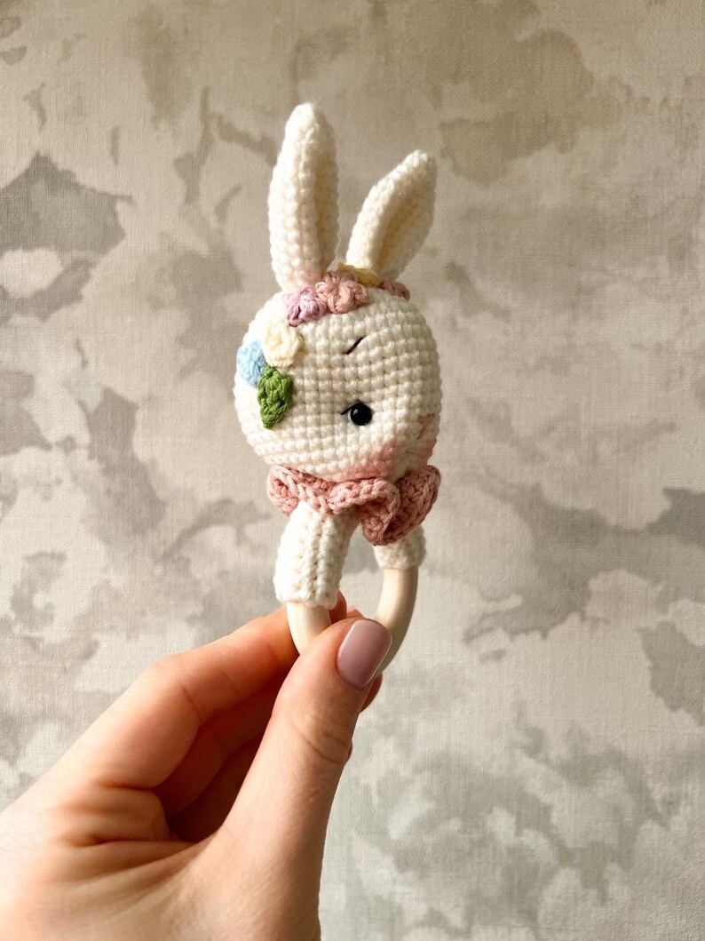 Bunny Rattle With Flowers Eco Wood Ring Theether - Etsy