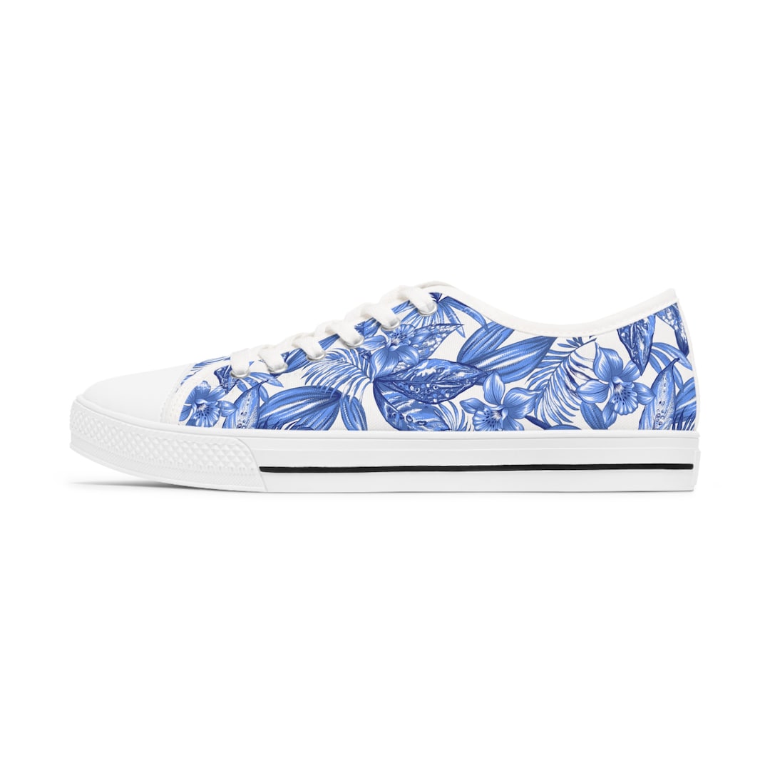 Floral Low Top Sneakers, Blue Sneakers, Printed Canvas Shoes, Unique ...