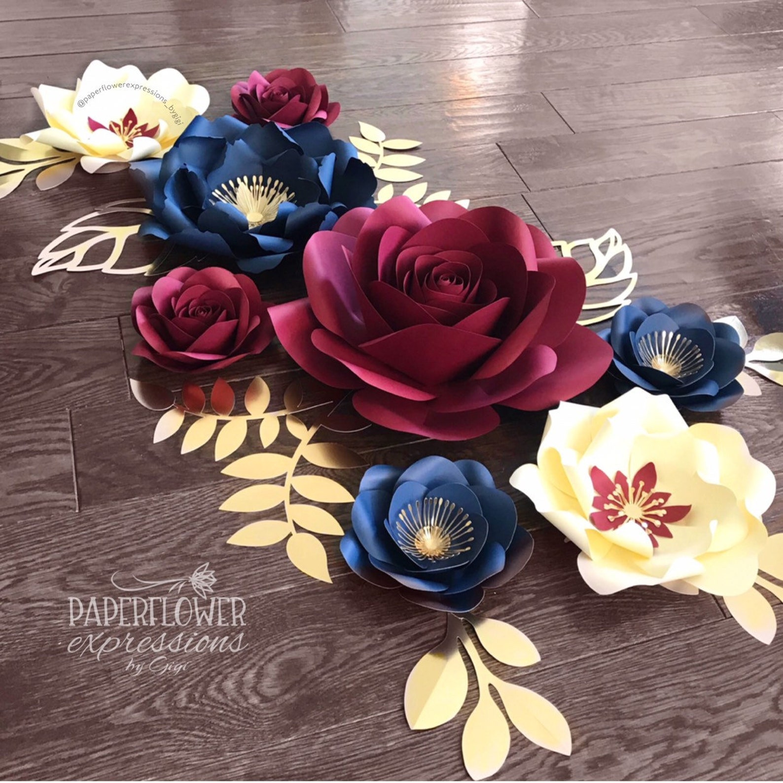 Burgundy Navy and Ivory Paper Flowers Navy Marsala and Gold | Etsy