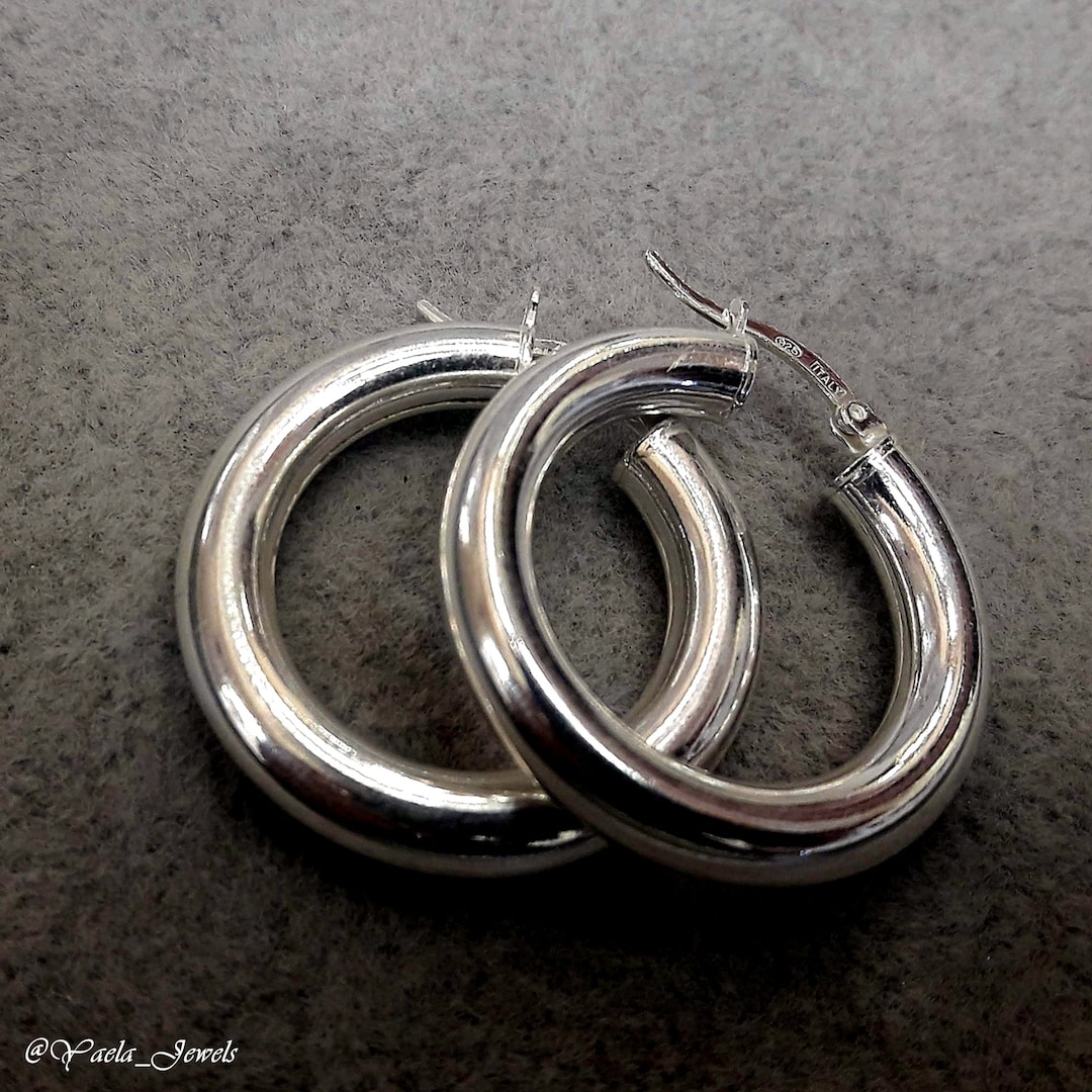 Thick Silver Hoops, Chunky Silver Hoop Earring, Sterling Silver Hoop ...