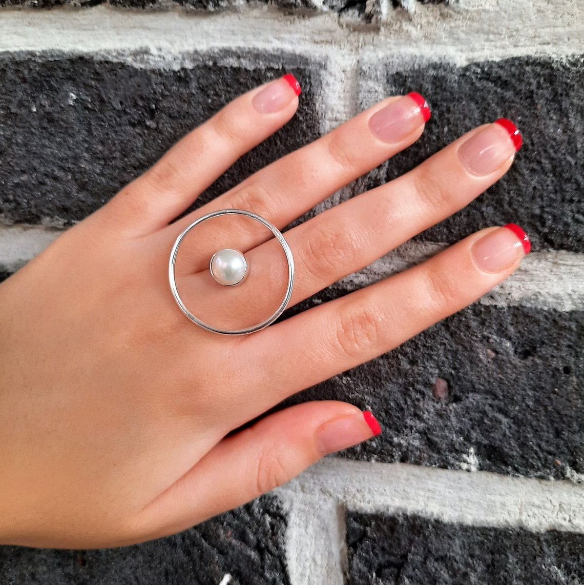 Geometric Large Circle Pearl Ring 925 Sterling Silver Pearl | Etsy