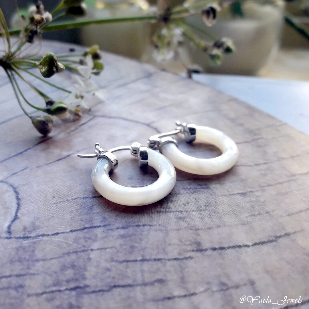 Bridel Hoops in White Pearl Tortoise, Acetate Tortoise Shell Minimalist ...