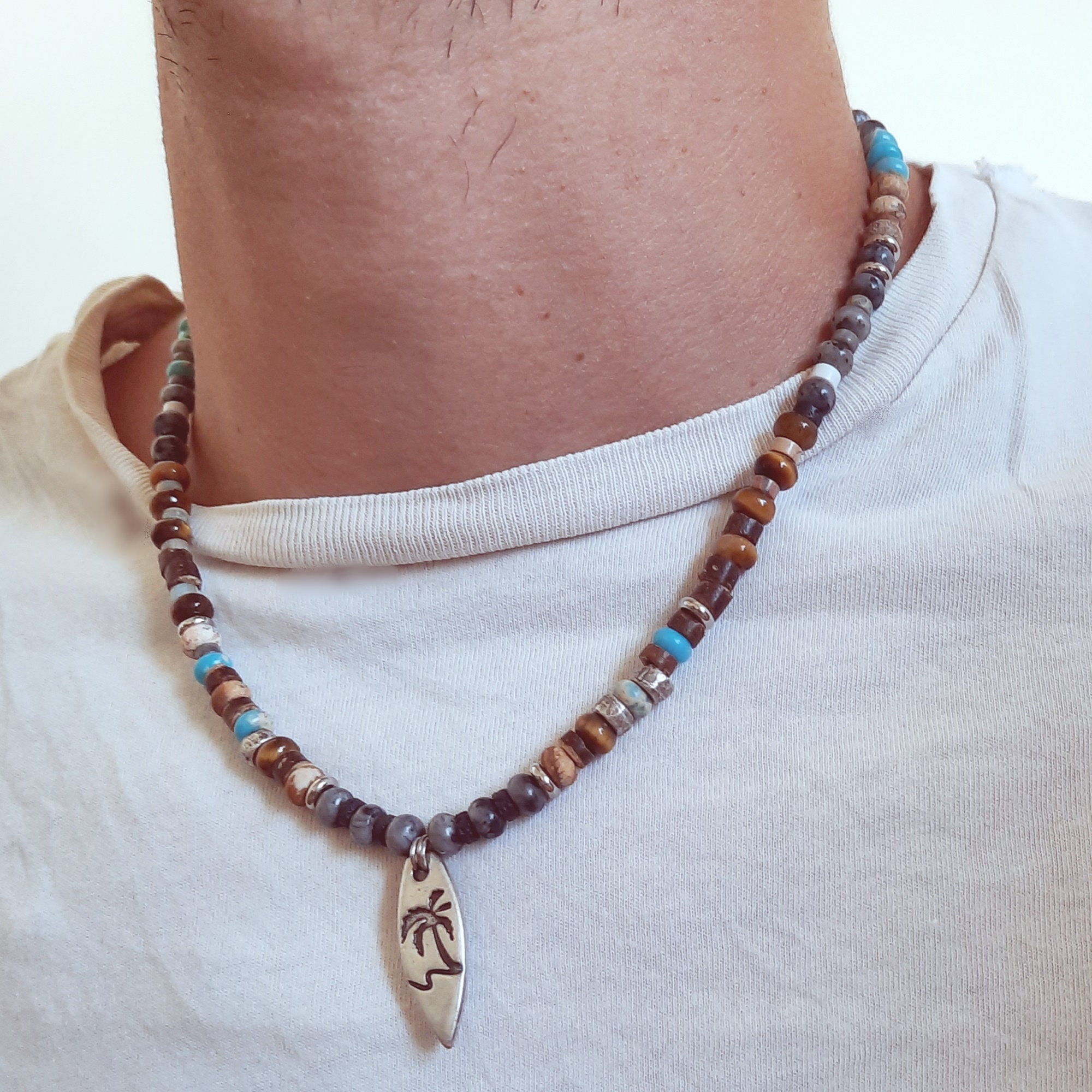 Boho Turquoise Choker Man Heishi Gemstone Beaded Necklace for - Etsy