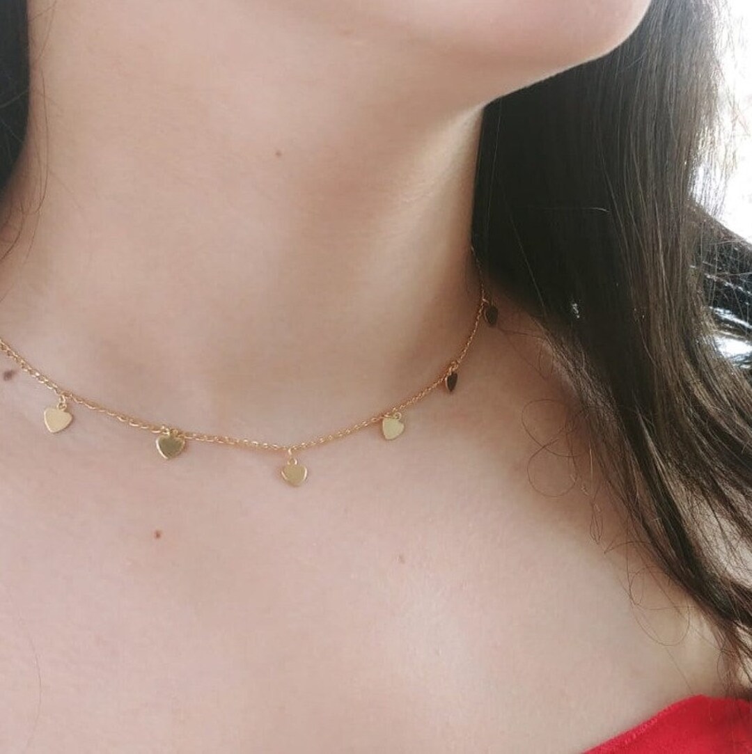 Heart Choker, Dangle Gold Heart Necklace - Etsy