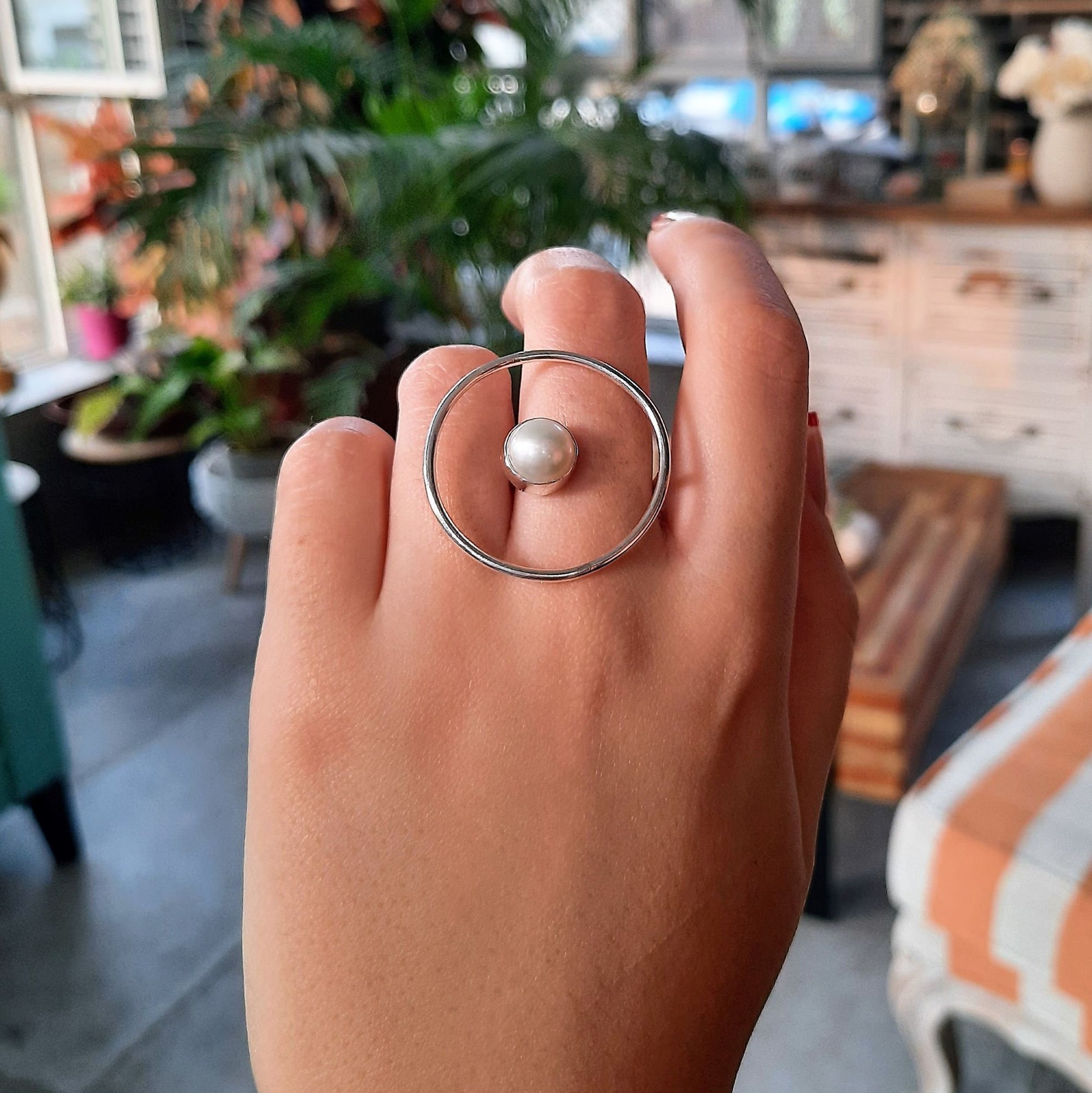 Geometric Large Circle Pearl Ring 925 Sterling Silver Pearl | Etsy