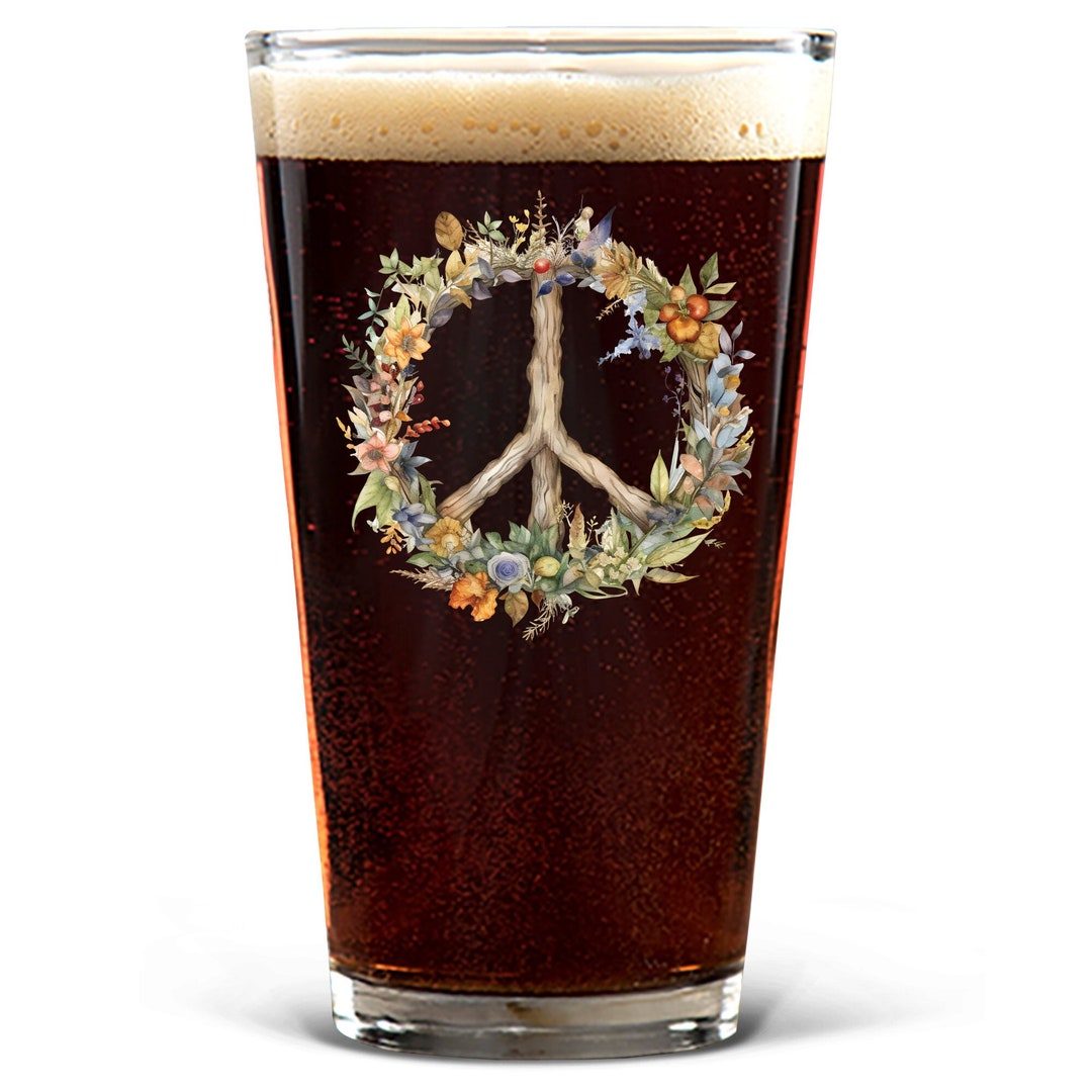 Pint Glass Peace Flowers Flower Pint Glass Peace Sign Color Printed ...