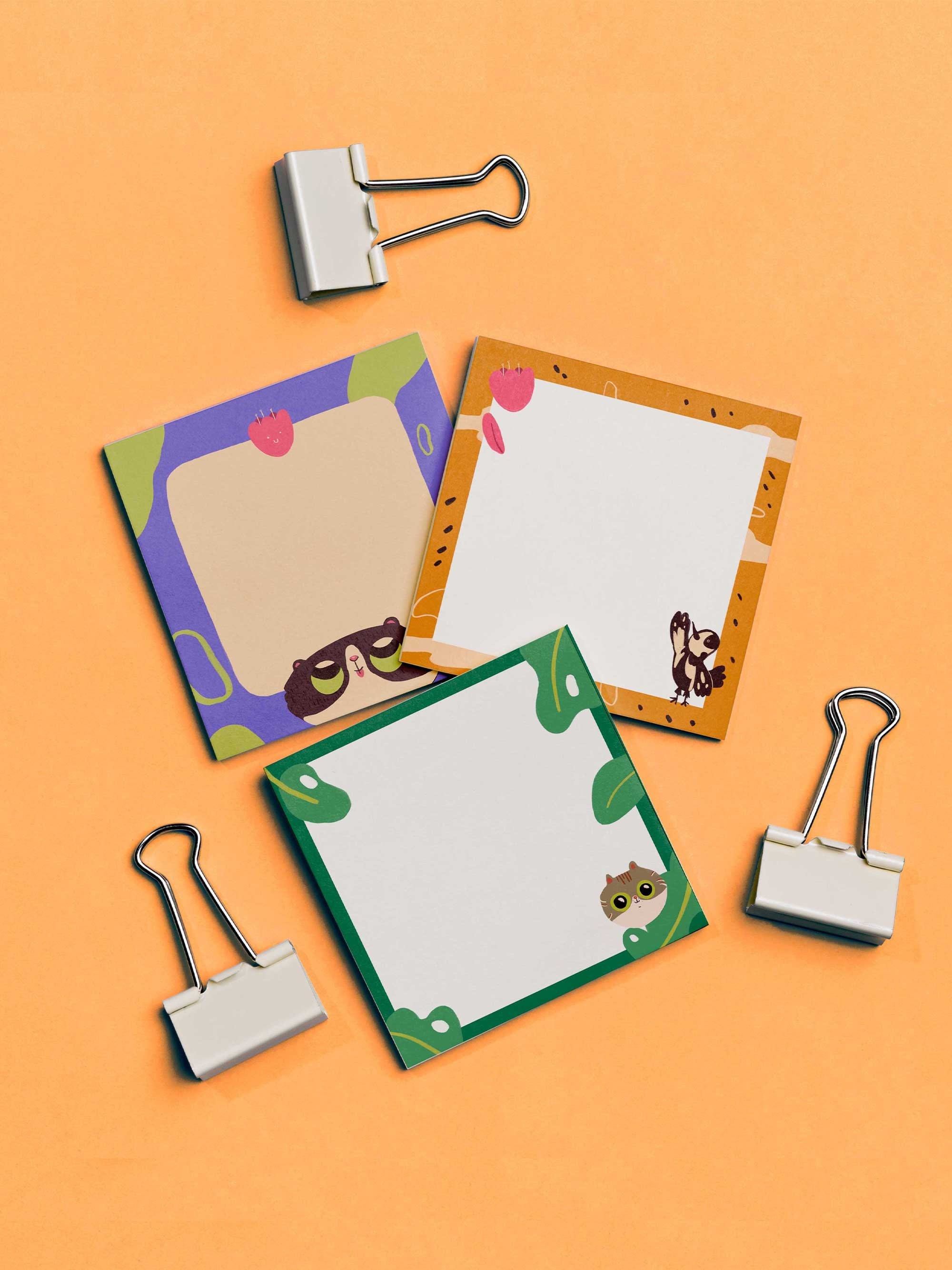 3 Cute Animals Sticky Bundle Post It Notes 50 Sheets Cat Memo Pad, Bird ...