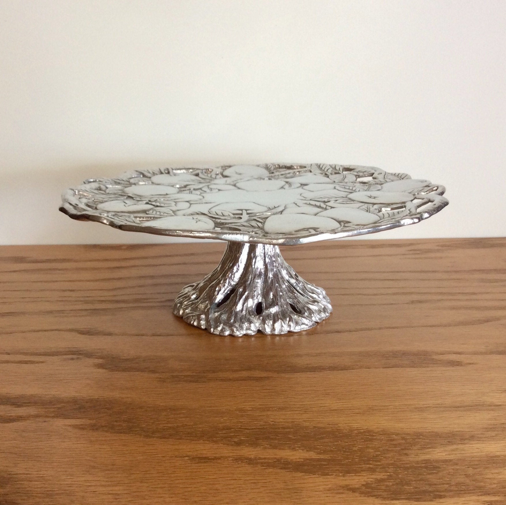 Vintage Arthur Court Pedestal Cake Stand, Apple Design Metal Serving ...
