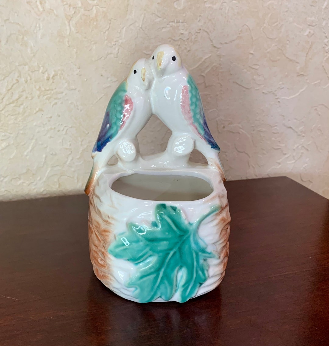 Vintage Lovebirds Planter, Parakeets Hanging Wall Pocket or Sitting Pot ...