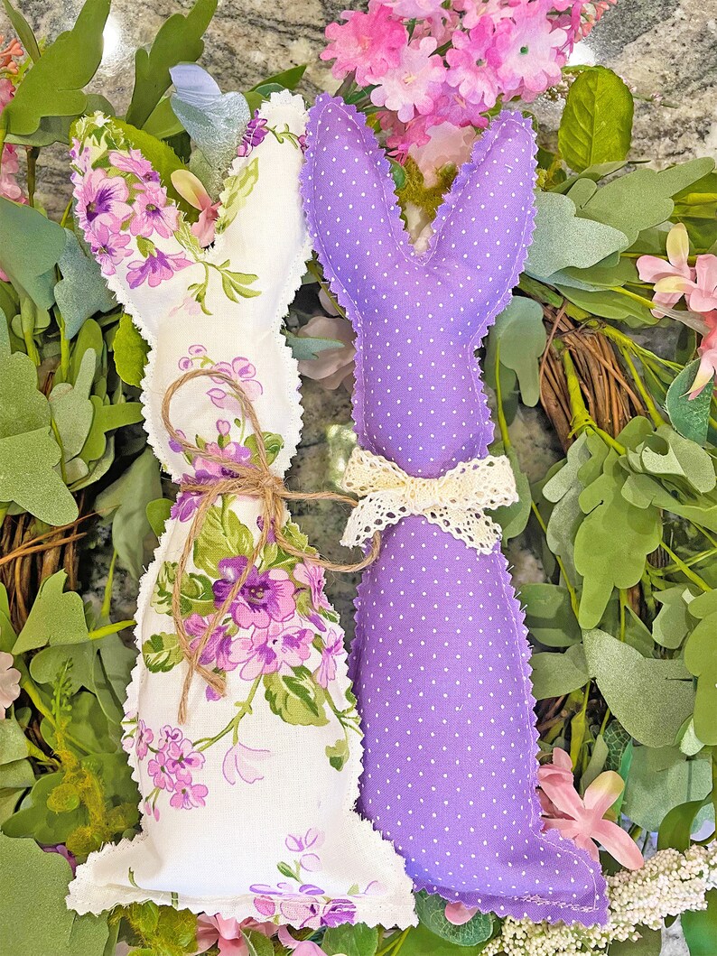 Farmhouse Fabric Bunnies, Set of Two Cloth Easter Bunnies, Bunny Shelf ...