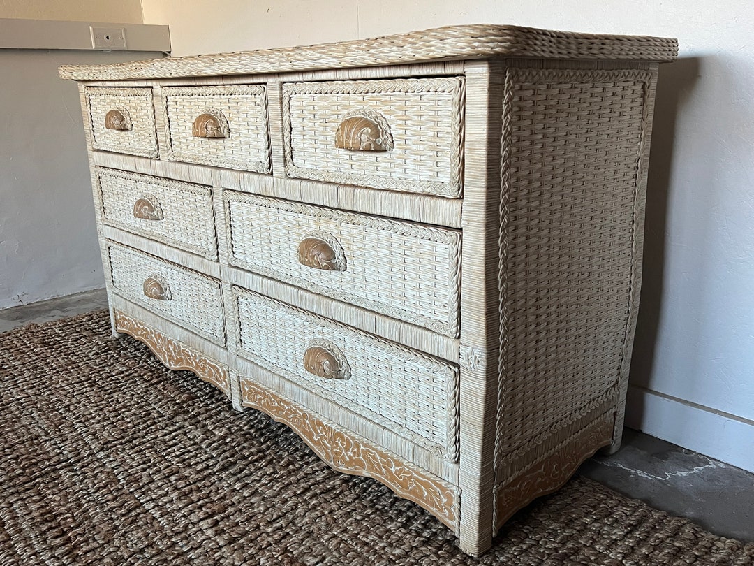 1980's Vintage White Wicker Dresser With Wood Shell Pulls (PICK-UP ONLY ...