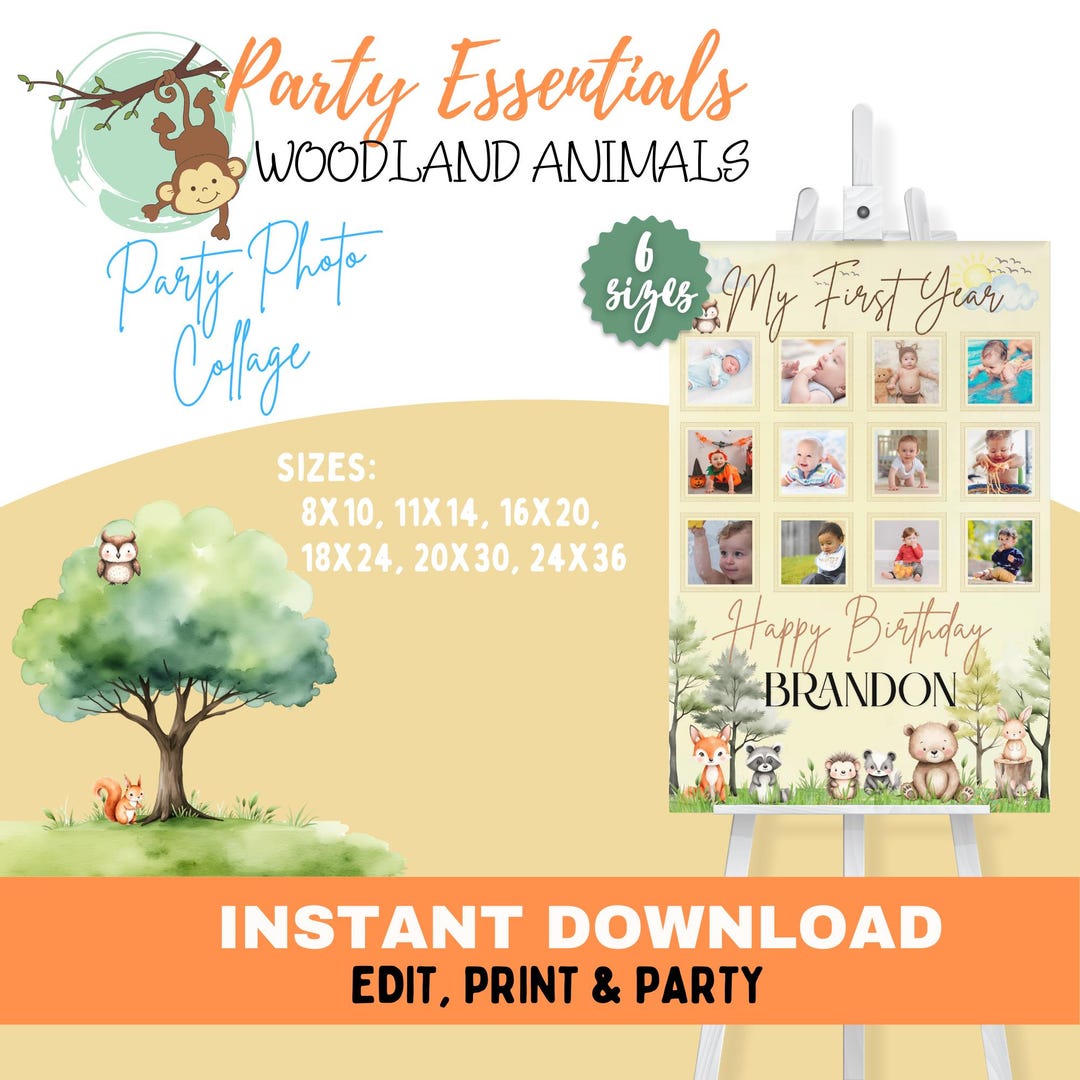 Woodland Animal Birthday Photo Collage Poster | Editable Party Sign ...