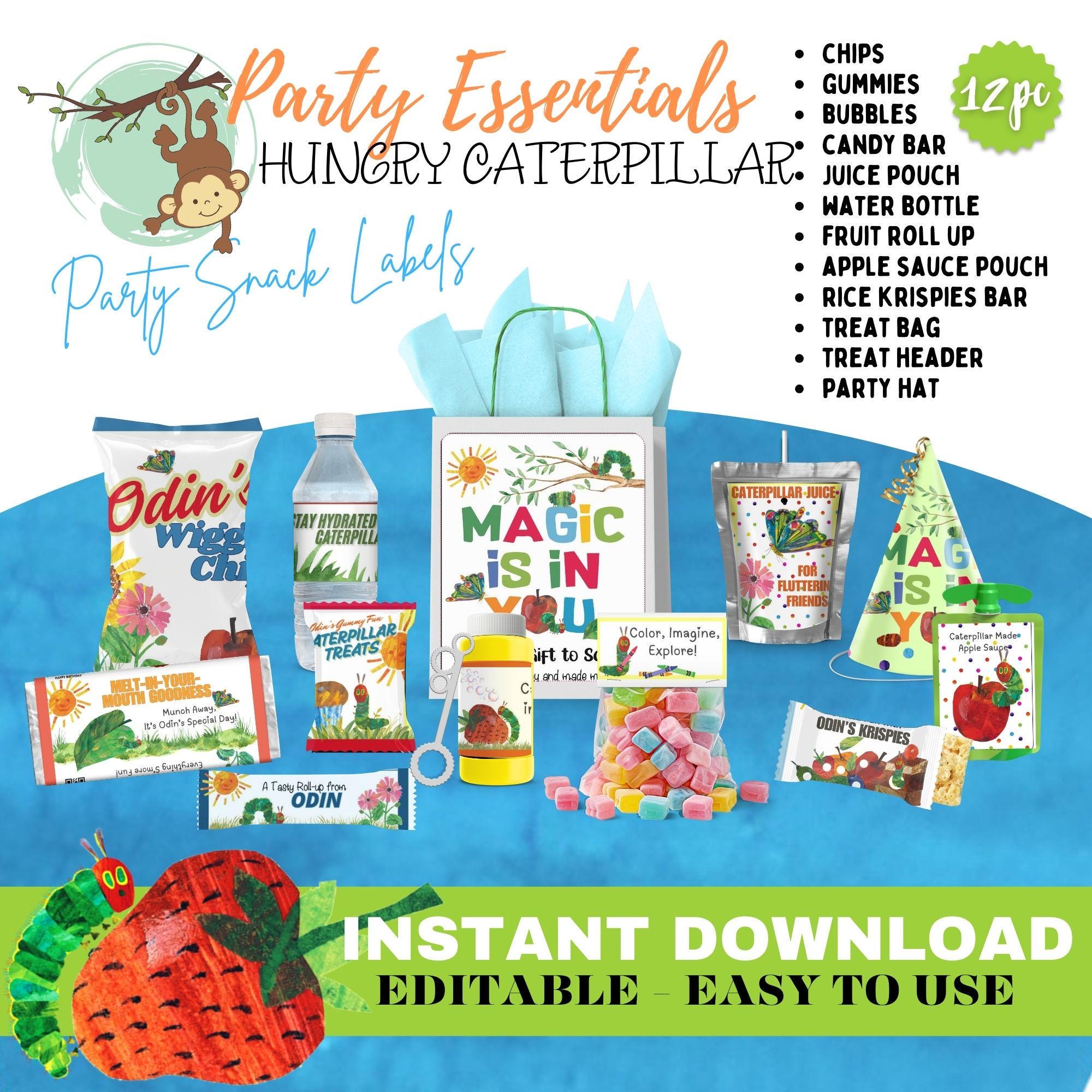 Hungry Caterpillar Snack Labels | 12pc Editable Treat Labels | Instant ...