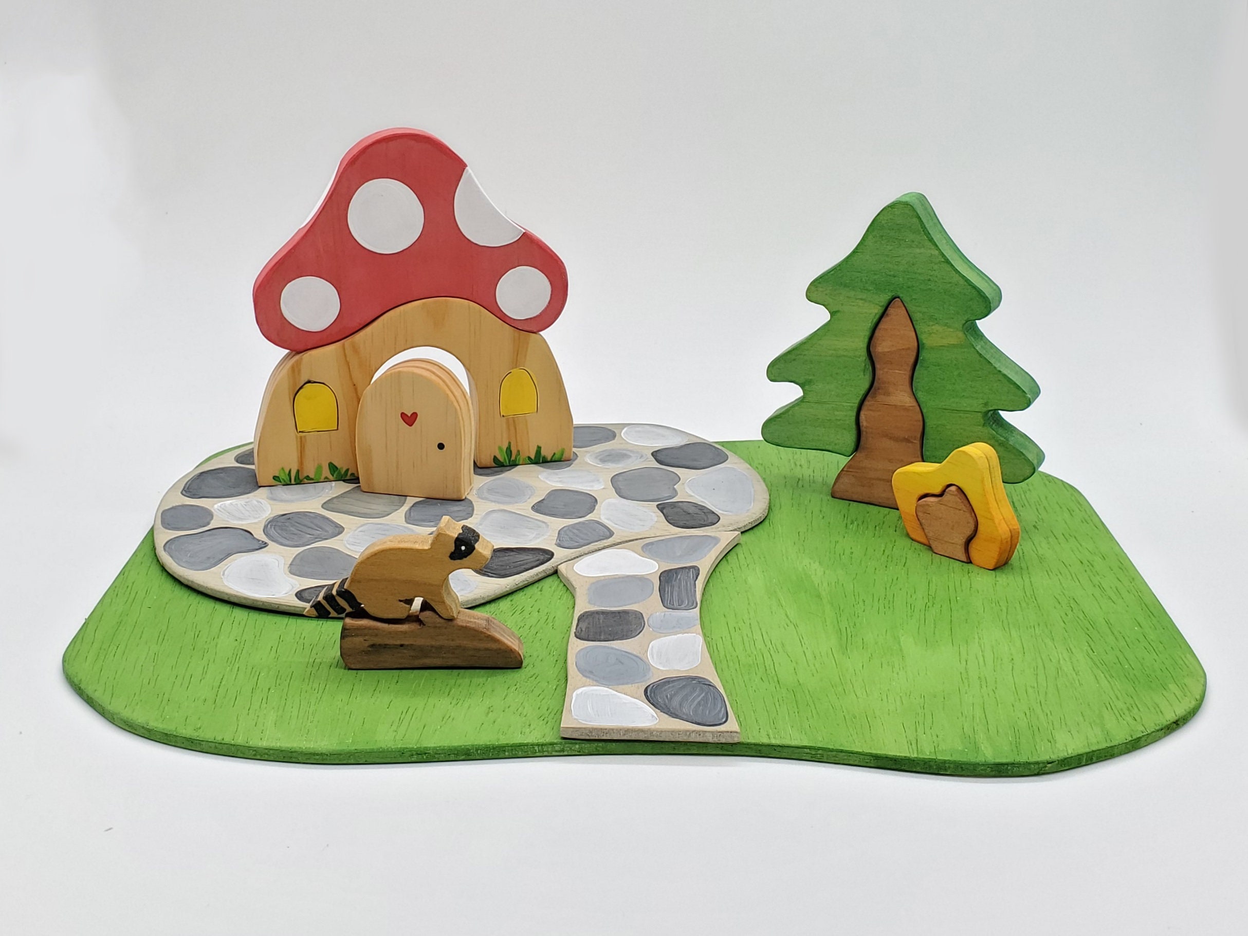 Mushroom House Wood Playset With Log and Raccoon. Great Toys for Boys ...