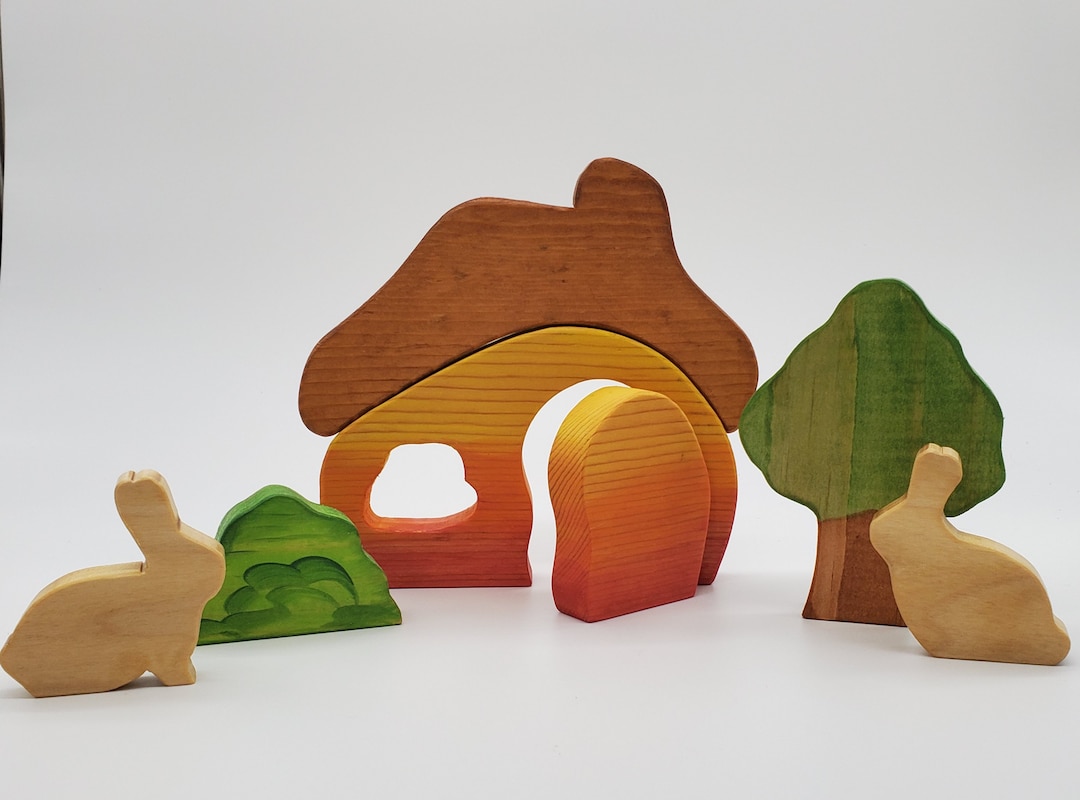Bunnyland Playset Wooden Rabbit House With 2 Bunnies, Tree and Bush ...