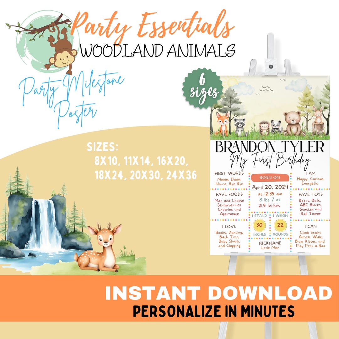 Woodland Animal Milestone Poster | Editable First Birthday Sign ...