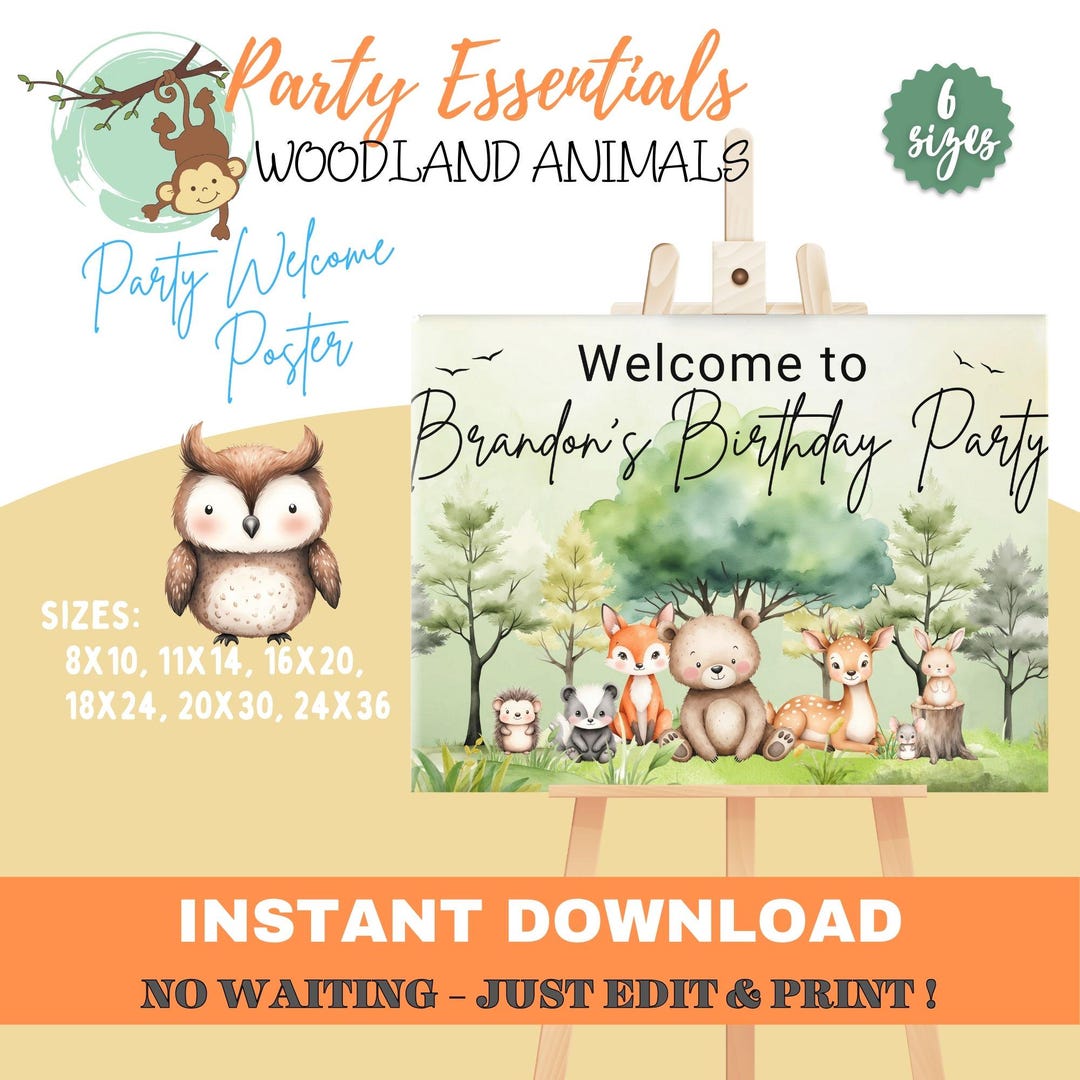 Woodland Animal Welcome Sign | Editable Sign | Instant Download | Party ...