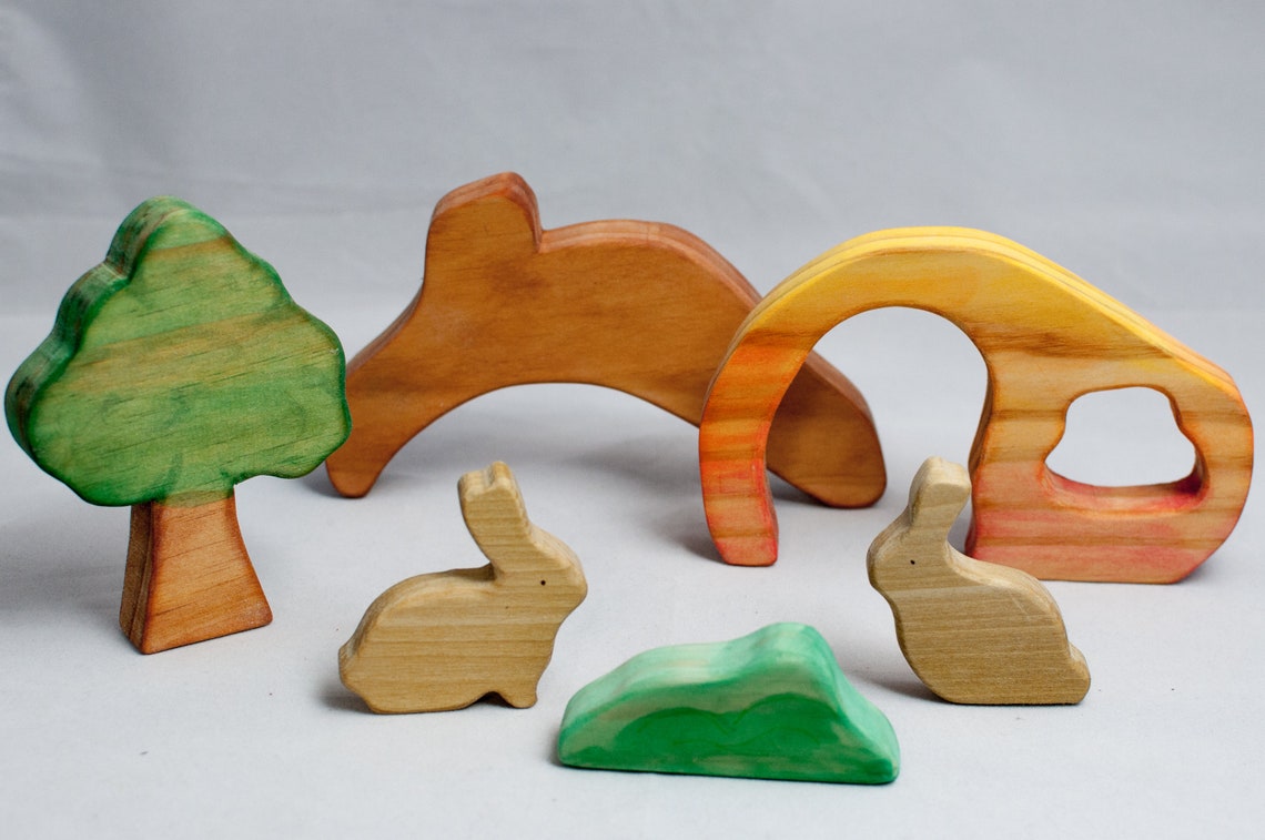 Bunnyland Playset Wooden Rabbit House With 2 Bunnies Tree and - Etsy