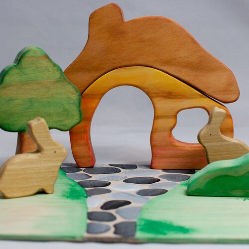 Bunnyland Playset Wooden Rabbit House With 2 Bunnies Tree and - Etsy