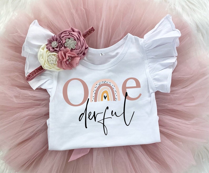 Boho Rainbow Onederful 1st Birthday Girl Mauve Rose Gold Tutu Outfit ...