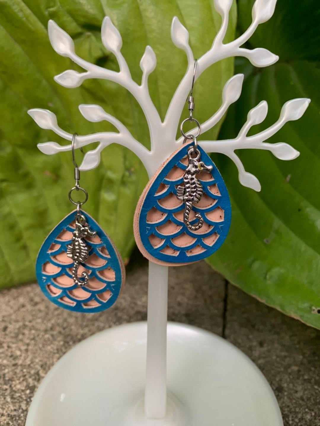 Stainless Steel Leather Scale Earings Blue and Tan - Charm/ Gifts for ...