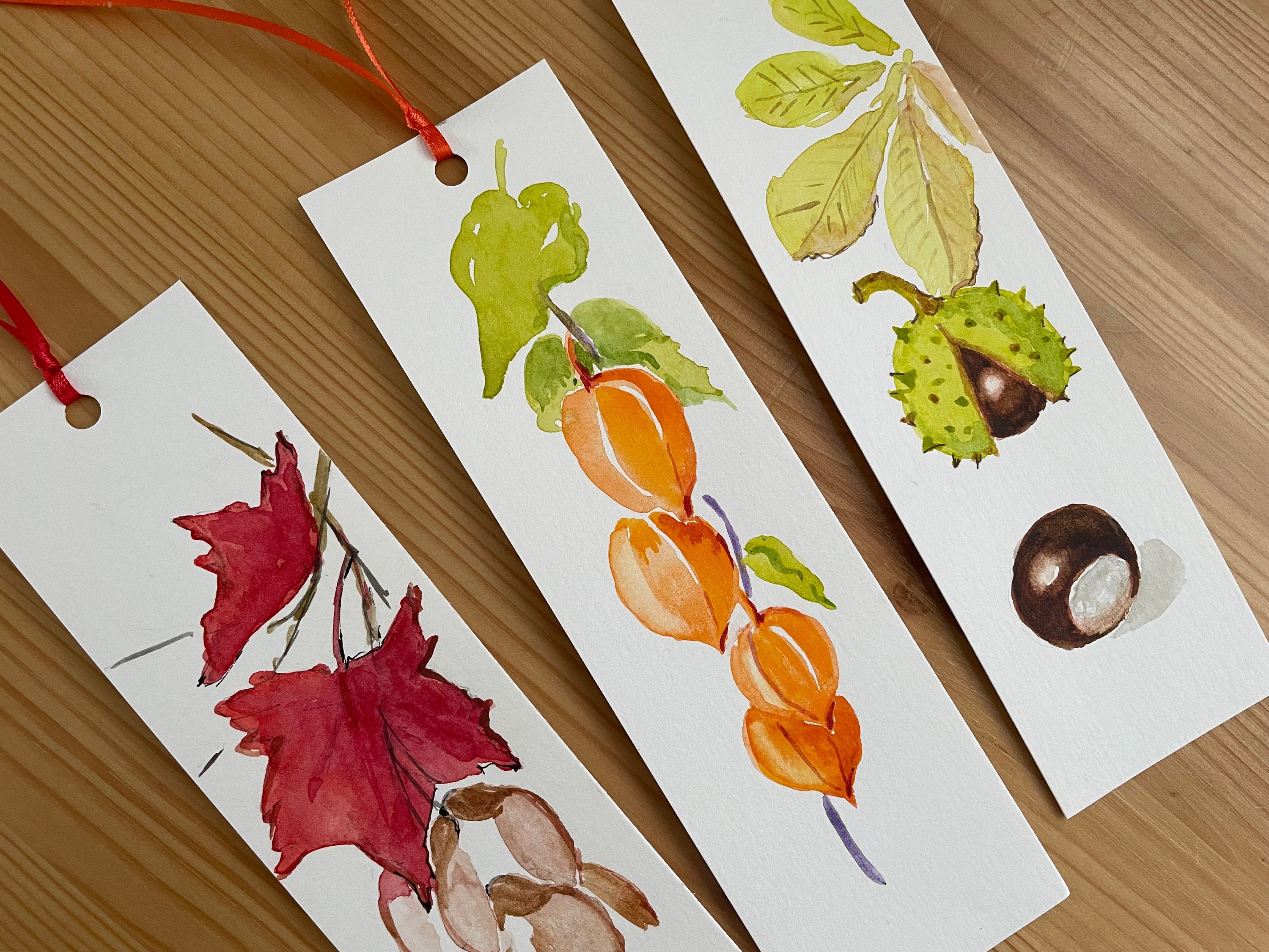Fall Nature Bookmarks/3 Hand-painted Watercolour Bookmarks/red Maple ...