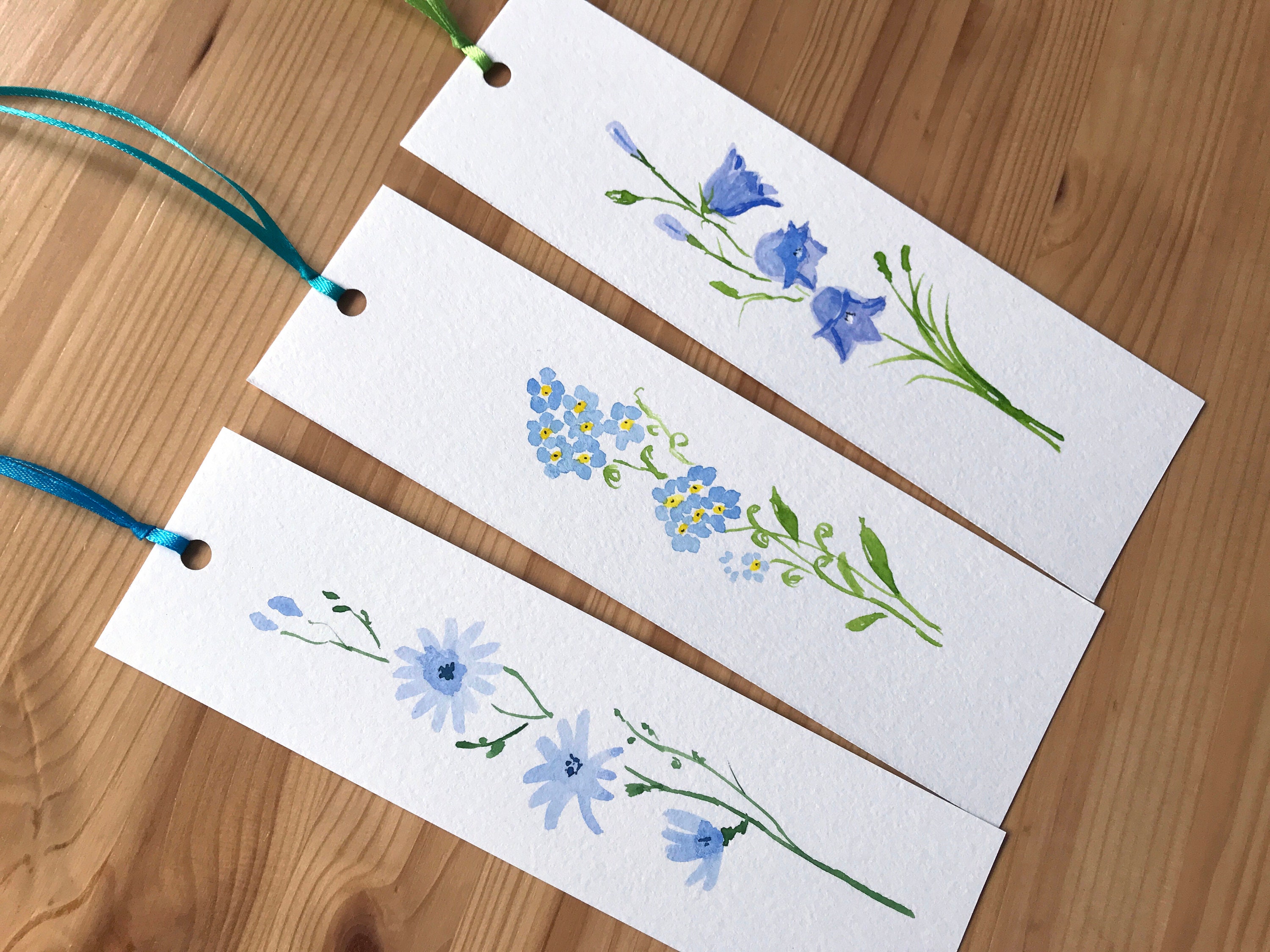 Blue Flowers Bookmarks/3 Hand Painted Watercolour Bookmarks/set of 3 ...