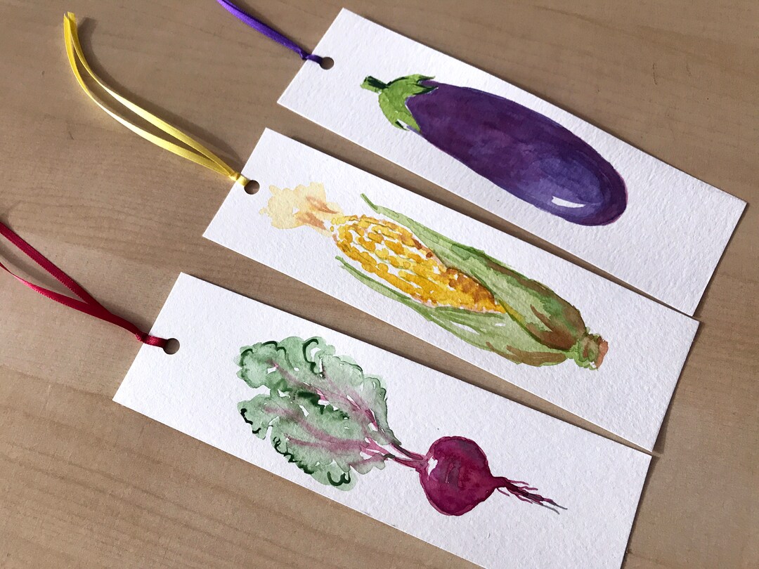 Vegetable Bookmarks/3 Hand Painted Watercolour Bookmarks/eggplant/corn ...