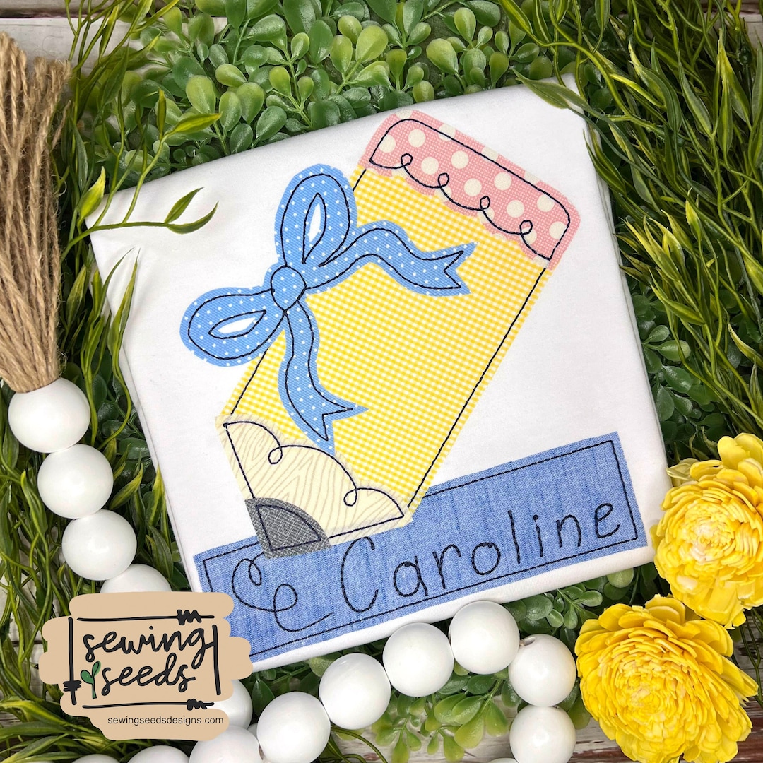School Pencil With BOW Name Tag Girl Applique Embroidery Design ...